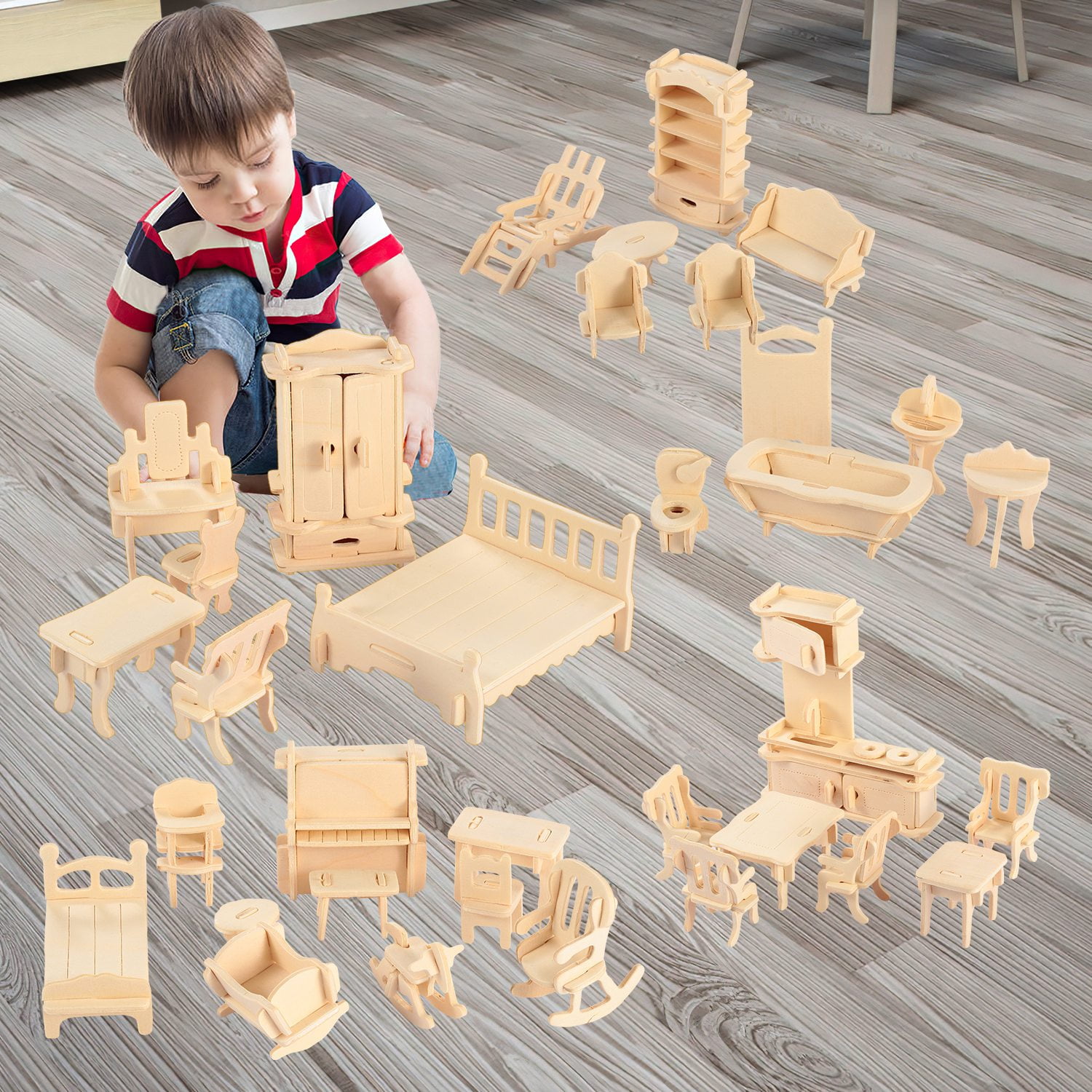 iMounTEK Mini Room Kit, 34 Piece Dollhouse Furniture Set, 3D Wooden ...