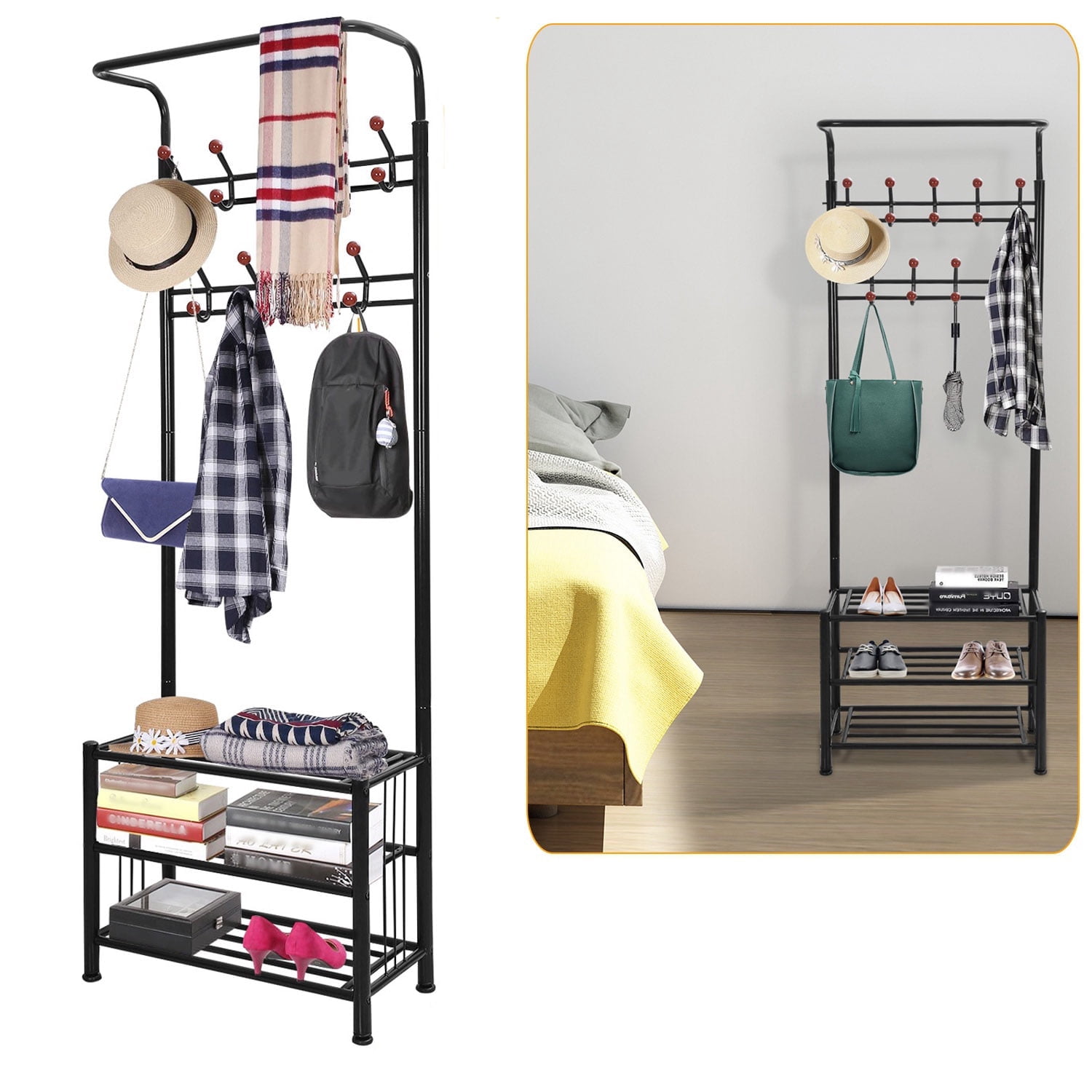 Moclever 18 Hooks Metal Coat Hat Rack 3-Tier Shoe Shelf Stand Cloth ...