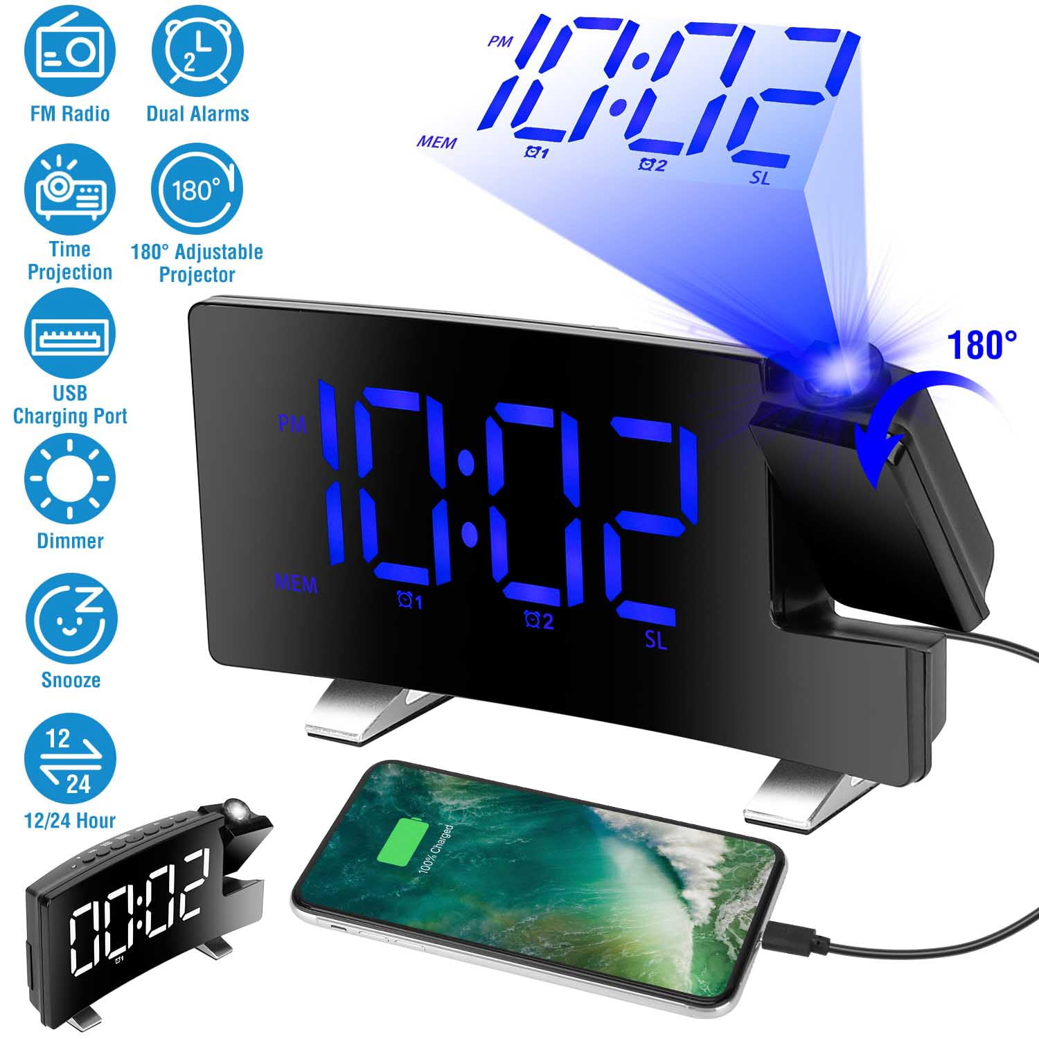 TeqHome Alarm Clock for Bedroom Ceiling Projection Digital Alarm Clock ...