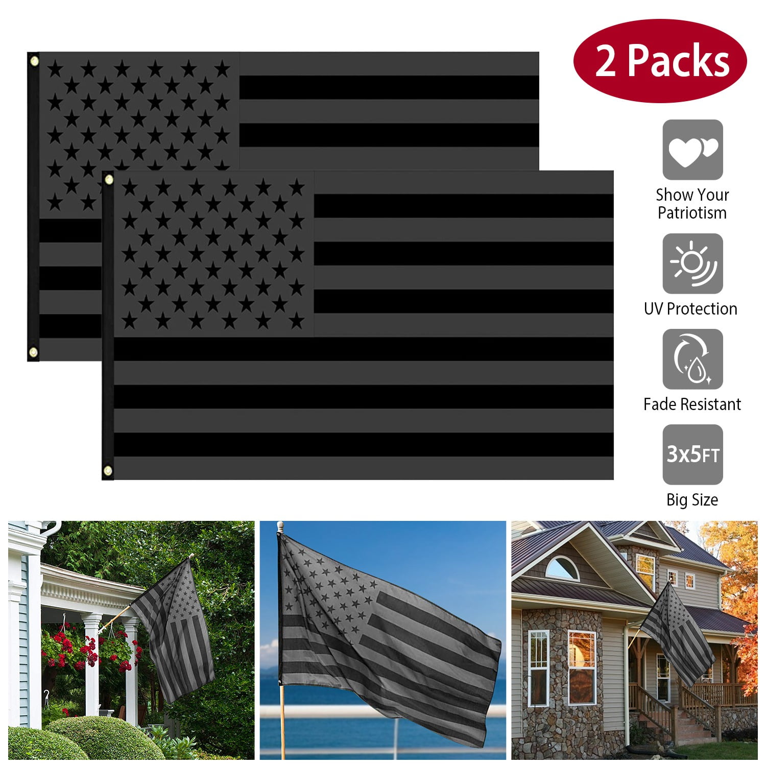 TeqHome All Black American Flag 3x5FT UV Protection Black US Flag ...
