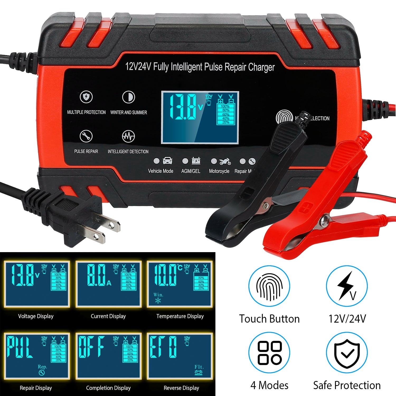 TeqHome Car Battery Charger 12V/8A 24V/4A Smart Automatic Battery ...