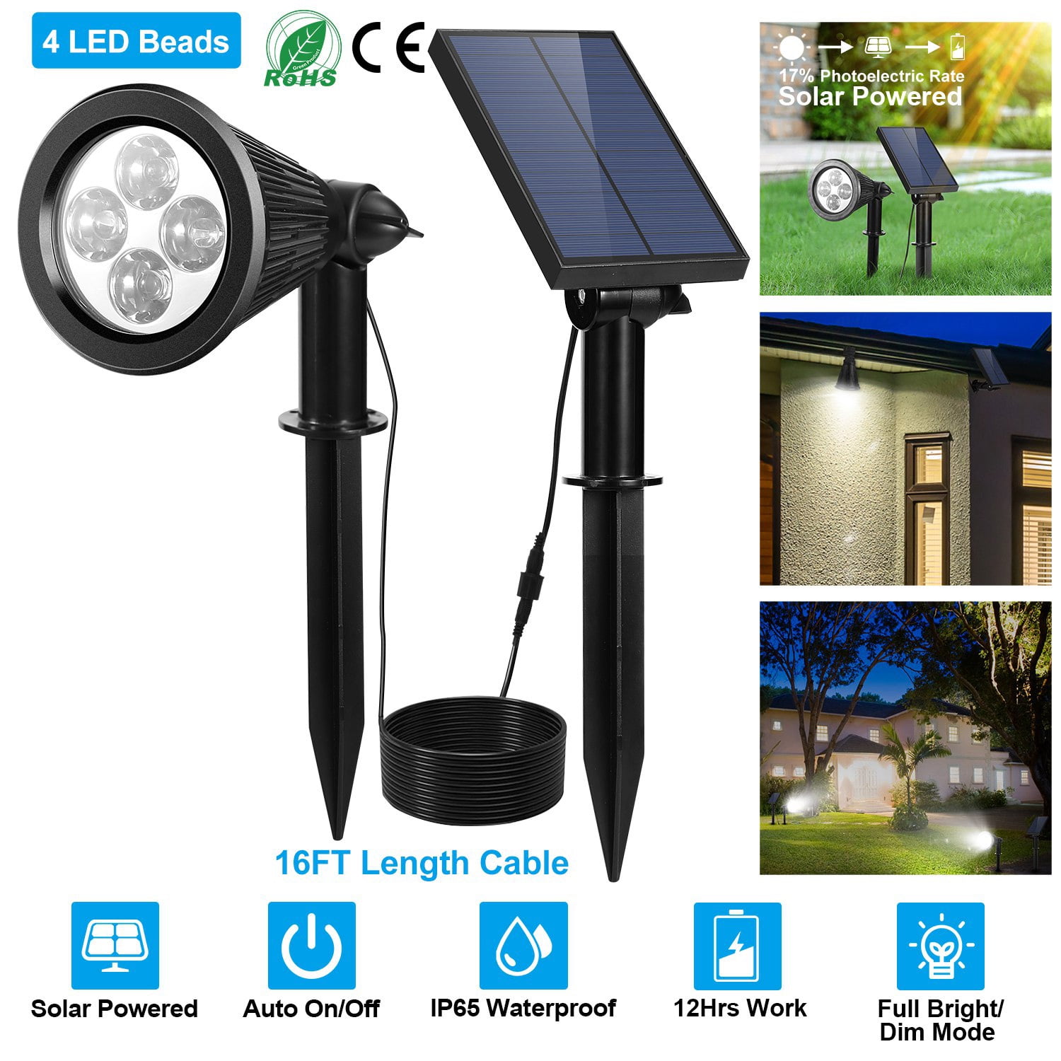 Moclever Solar 90° Powered Spotlight Outdoor Dusk to Dawn Light Wall ...