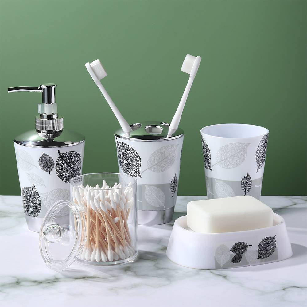 iMucci 5pc White & Gray Bathroom Set - Soap Dispenser, Toothbrush ...