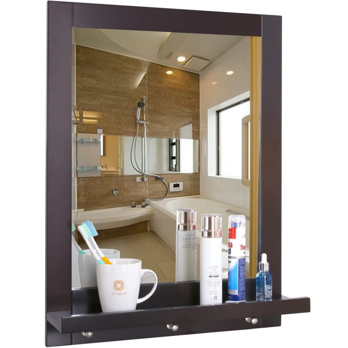 iMucci Bathroom Wall Mirror with Shelf and 3 Hooks, Square Makeup ...