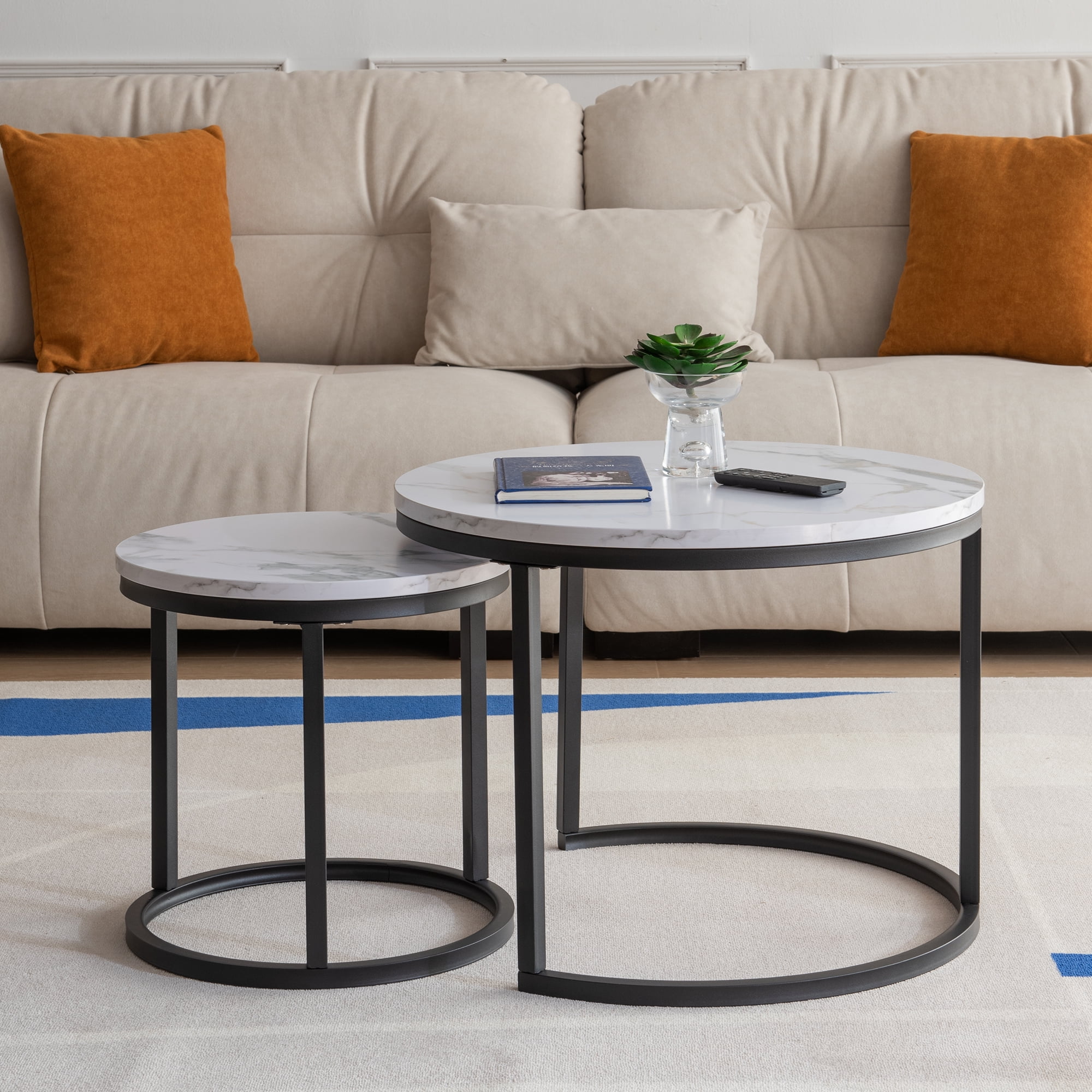 iMucci Modern White Nesting Coffee Table Set of 2, 23.6" Round Coffee ...