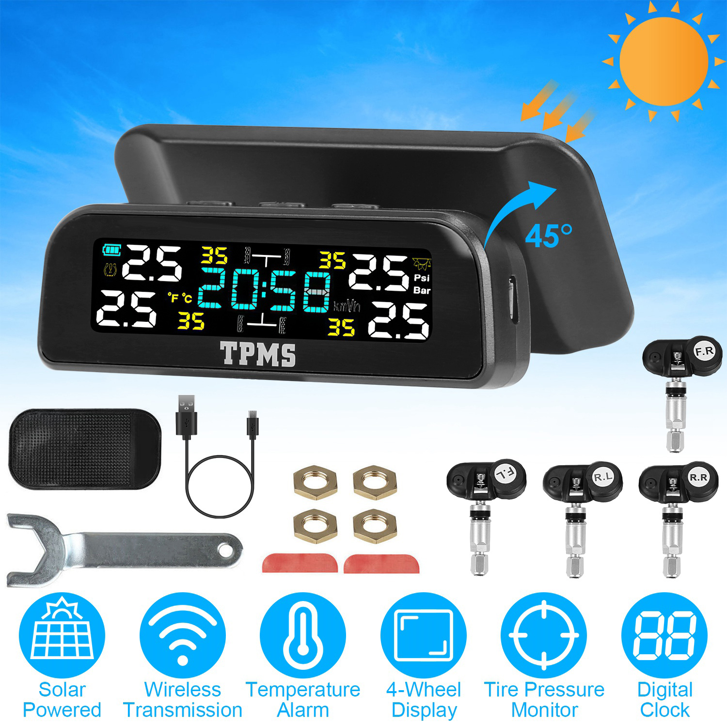 Moclever Intelligent Tire Pressure Monitor with LCD Display, Wireless ...