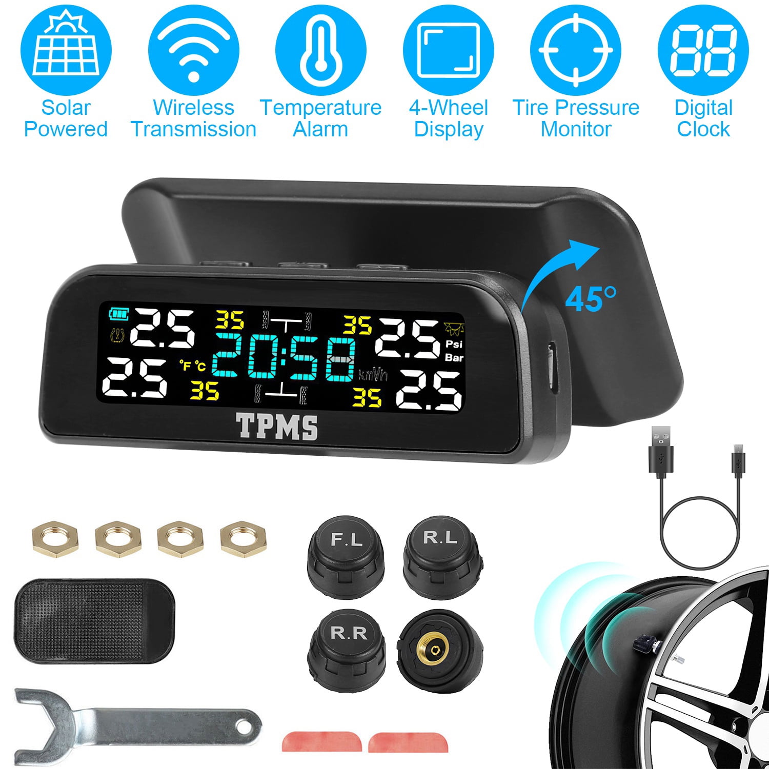 Moclever Intelligent Tire Pressure Monitor with LCD Display, Wireless ...