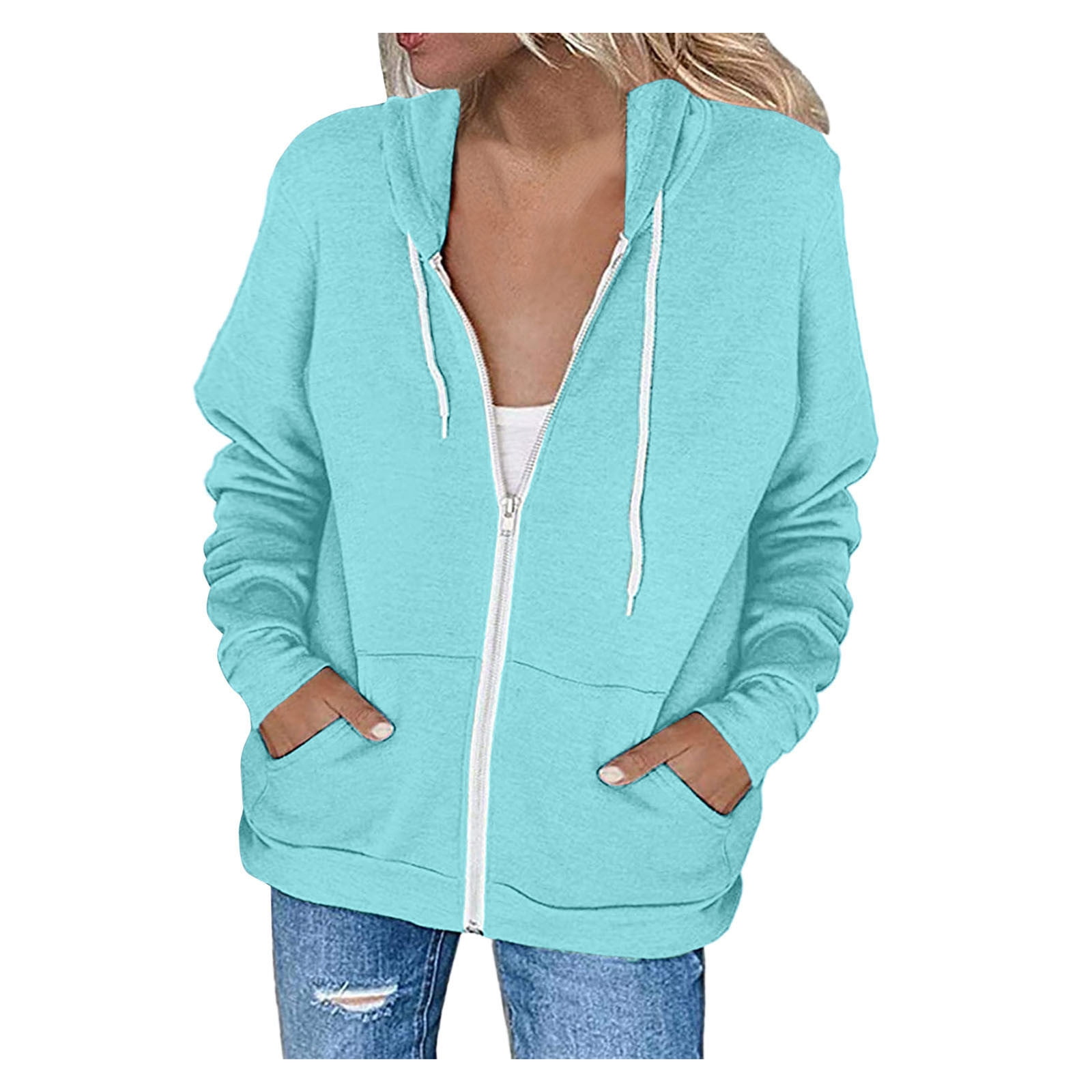 iOPQO Women's Zipper Hooded Fleece Jacket, Full Zip Long Sleeve ...