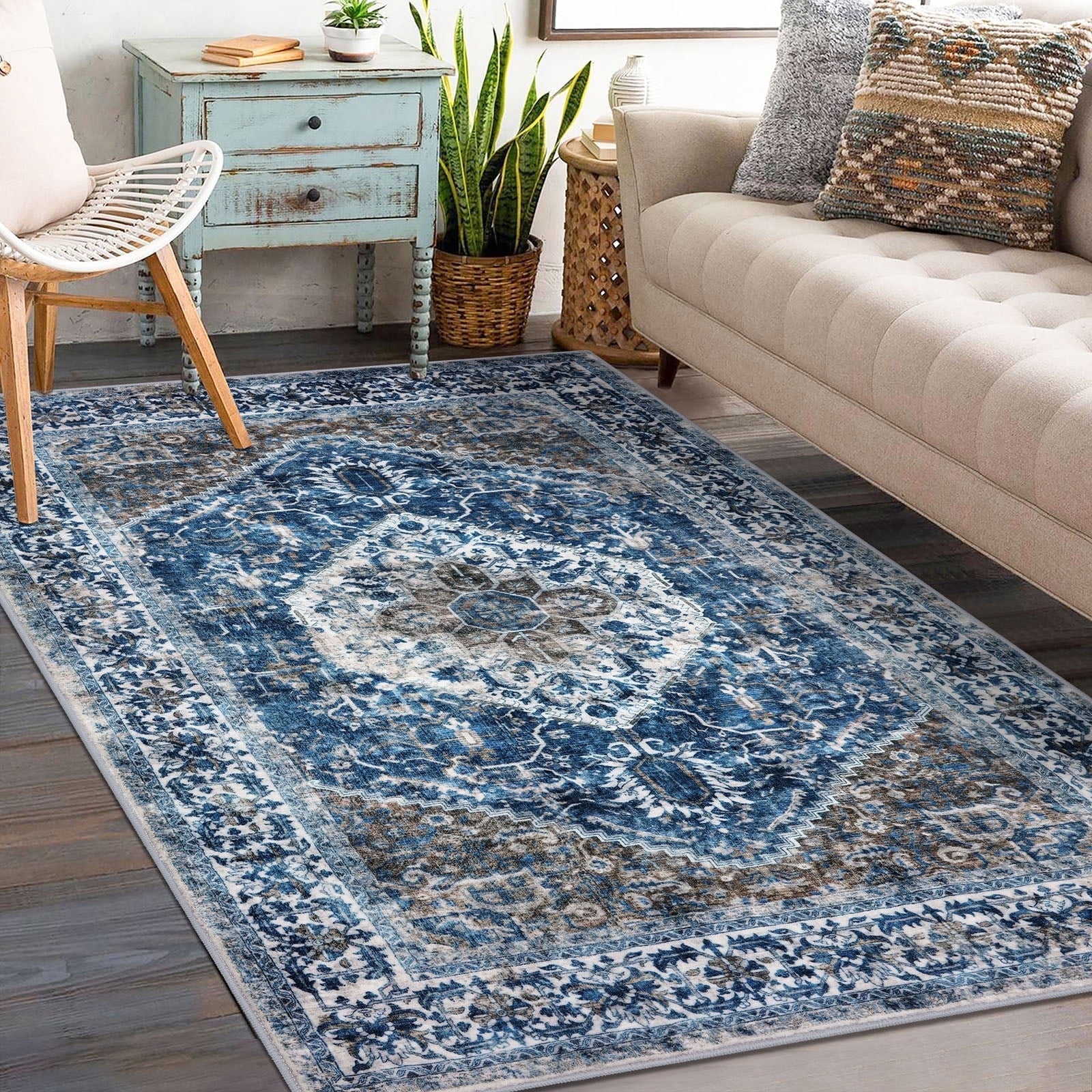 iOhouze Indoor Area Rug 3x5 Washable Vintage Blue Printed Faux Wool ...