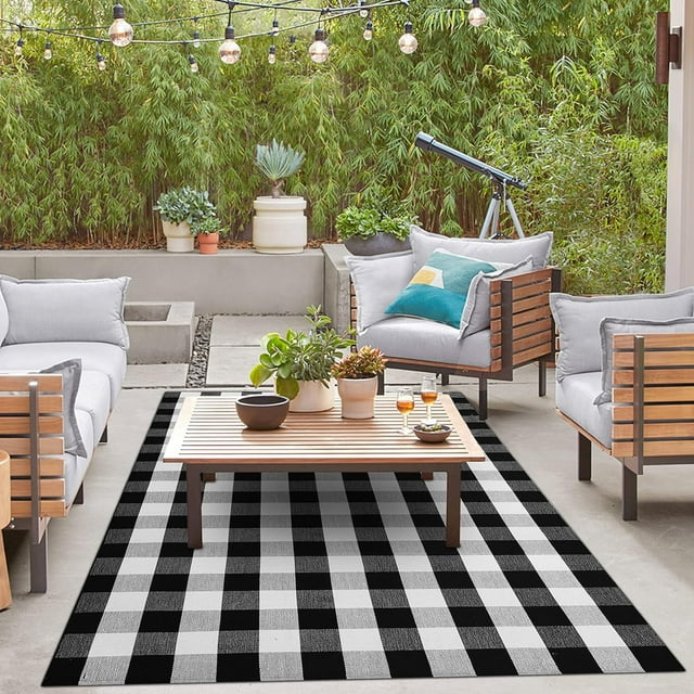 iOhouze Outdoor Area Rugs 5 x 7 Ft Buffalo Plaid Outdoor Rug Black and ...