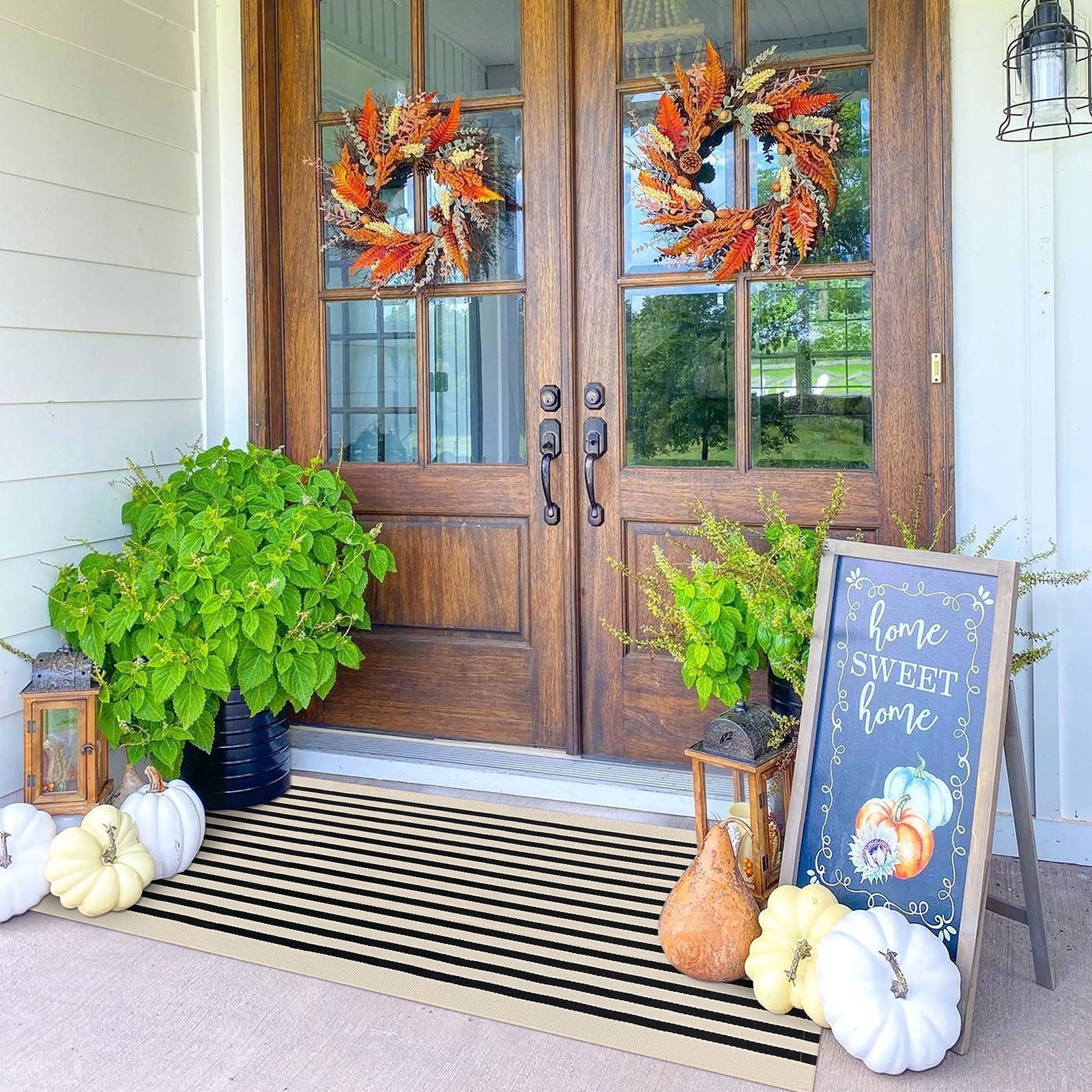 iOhouze Outdoor Rug Black and Beige Striped Porch Rug 2x4.3 ft ...