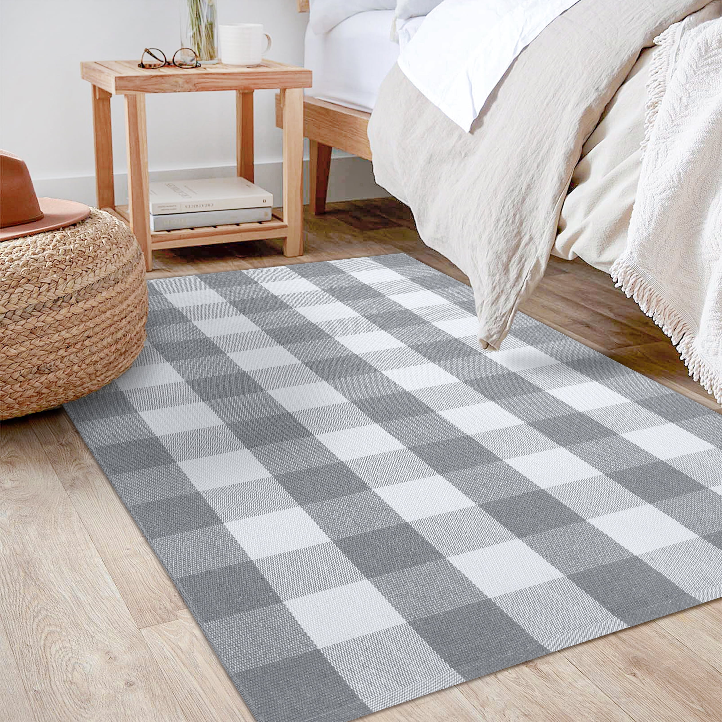 iOhouze 3'x5' Farmhouse Check Outdoor Rug, Cotton Hand-Woven, Grey and ...
