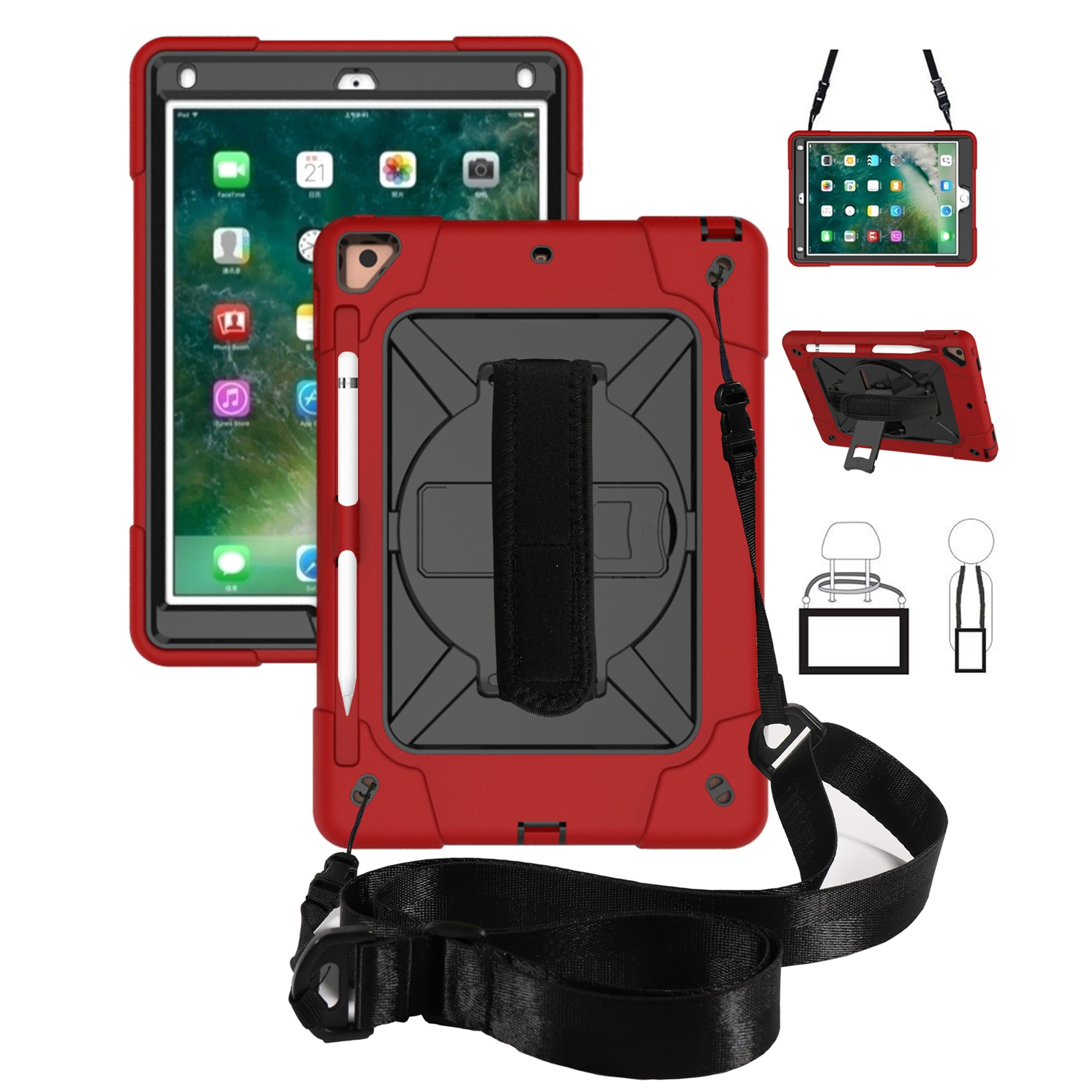 Dteck iPad 6th/5th Gen 9.7 Case, Shockproof, Kickstand, Hand Strap, Red ...