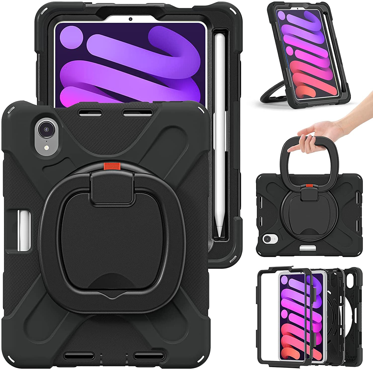 iPad Mini 6 Case 6th Generation 360°Rotatable Stand with Shoulder Strap ...