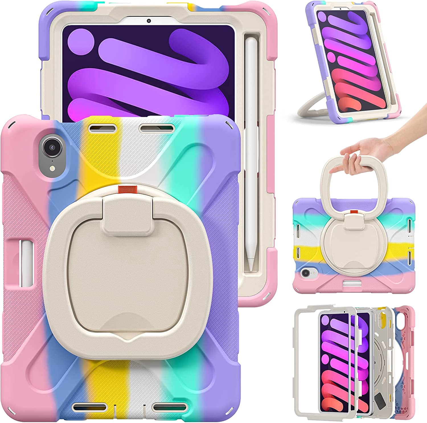 iPad Mini 6 Case 6th Generation 360°Rotatable Stand with Shoulder Strap ...
