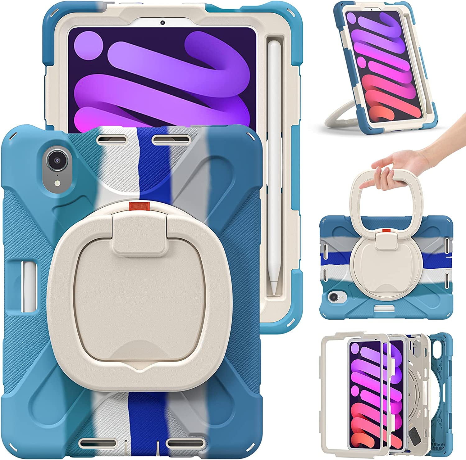 iPad Mini 6 Case 6th Generation 360°Rotatable Stand with Shoulder Strap ...