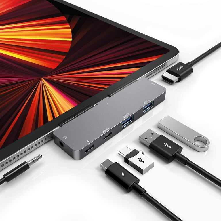 iPad Pro USB C Hub 6 in 1 Adapter for iPad Pro 2021 iPad Air 5 Docking Station with 4K Hdmi 60W Power Delivery 2 USB 3.0 3.5mm Headphone Jack