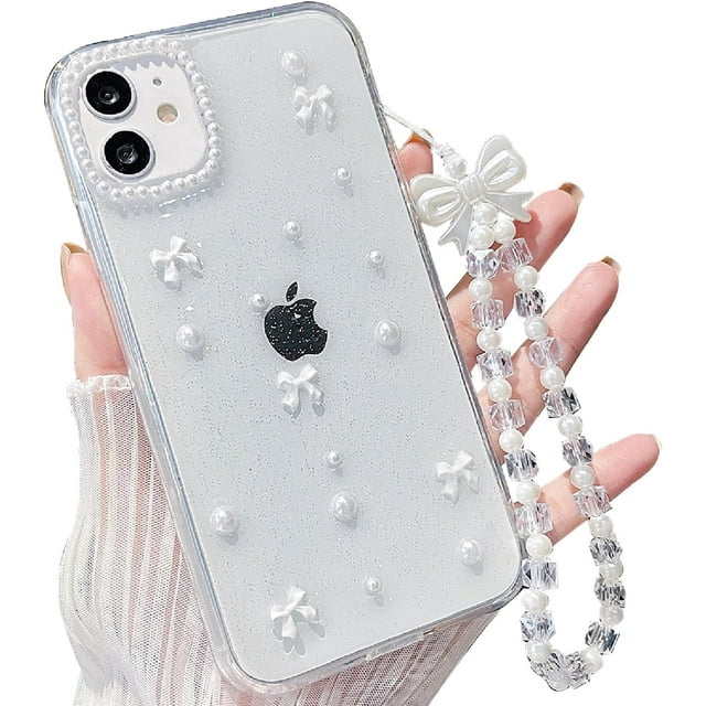 for iPhone 11 Clear Glitter Case, Cute Bow Pearl Aesthetic Girly ...