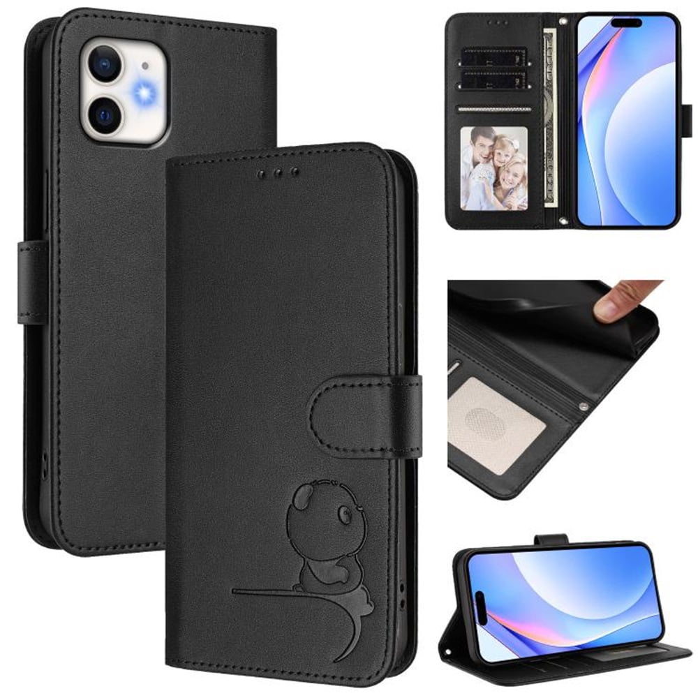 For iPhone 12 Litter Panda Embossing Leather Phone Case with RFID ...