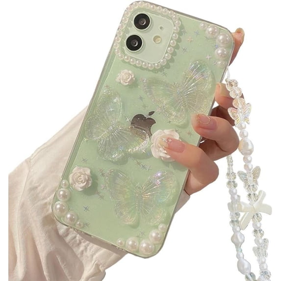 for iPhone 12 Mini Case with Charm Chain Butterfly Flower 3D Cute Phone ...