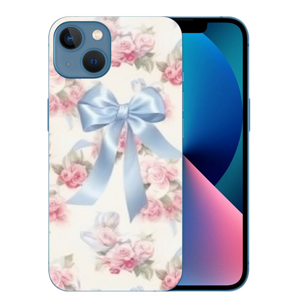 iPhone 13 Aesthetic Blue Ribbons Bows and Pink Flowers Watercolor Girl ...