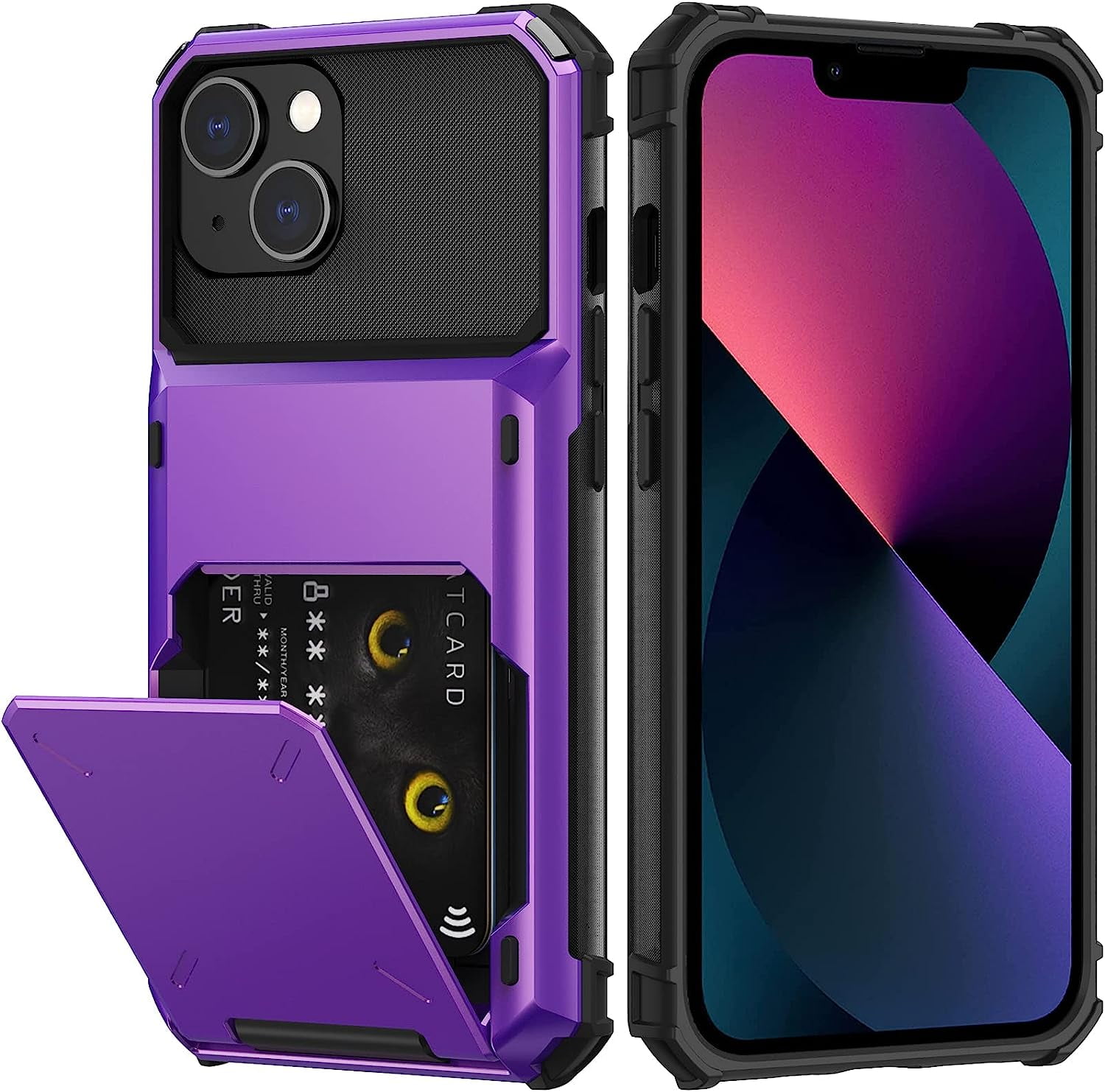 for iPhone 13 Case with Card Holder[Store 5 Cards] Dual Layer Heavy ...