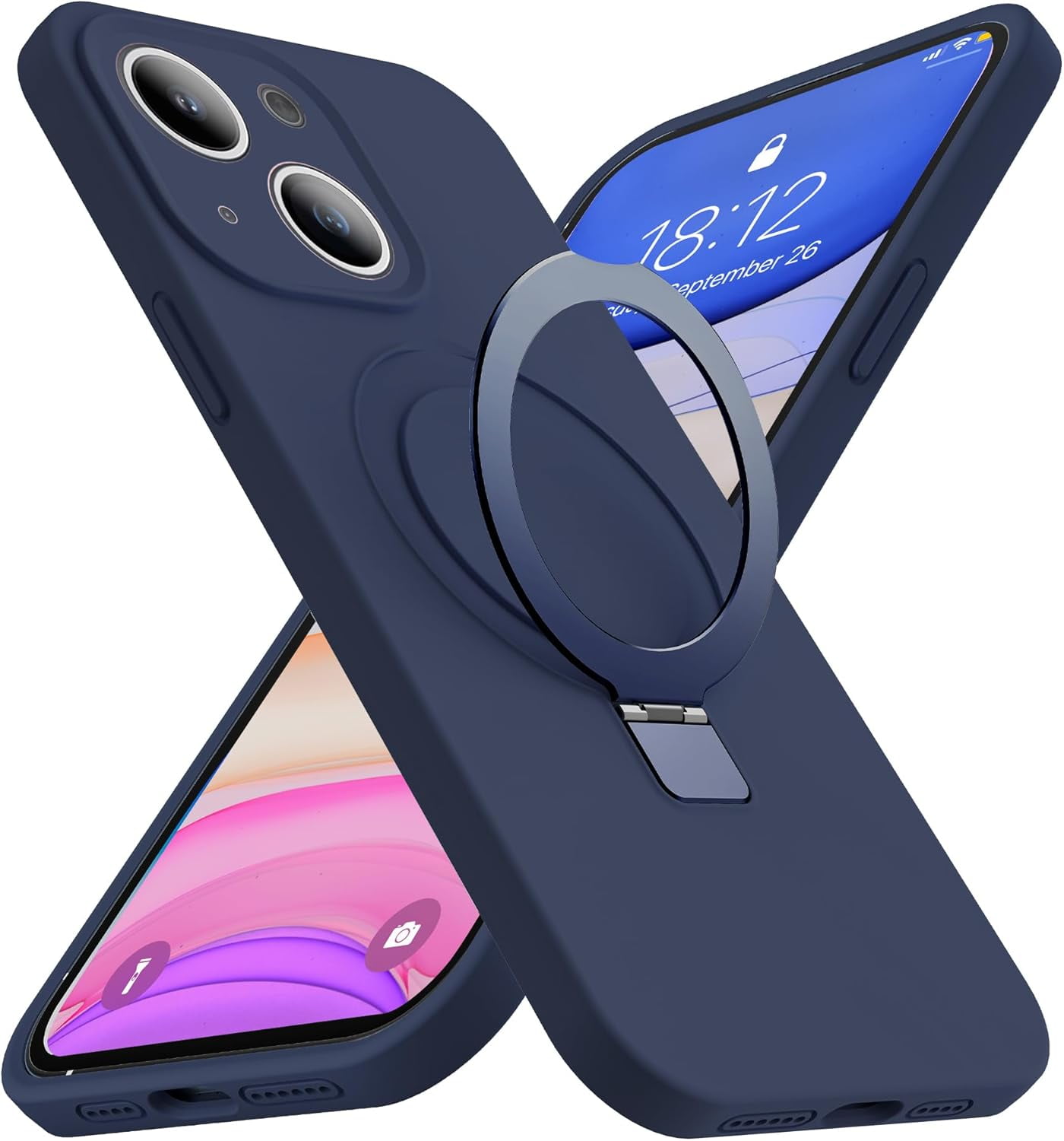 for iPhone 13 Case with Magnetic Ring Stand Silicone Phone Case 6.1 ...