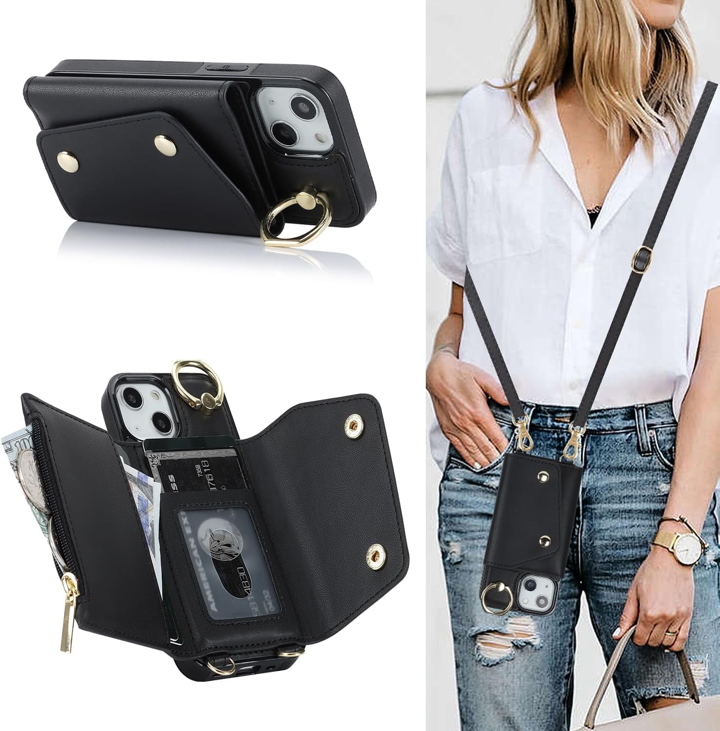 for iPhone 13 Case Wallet with Strap for Women,Crossbody Lanyard and Wristlet Strap,Zipper ...