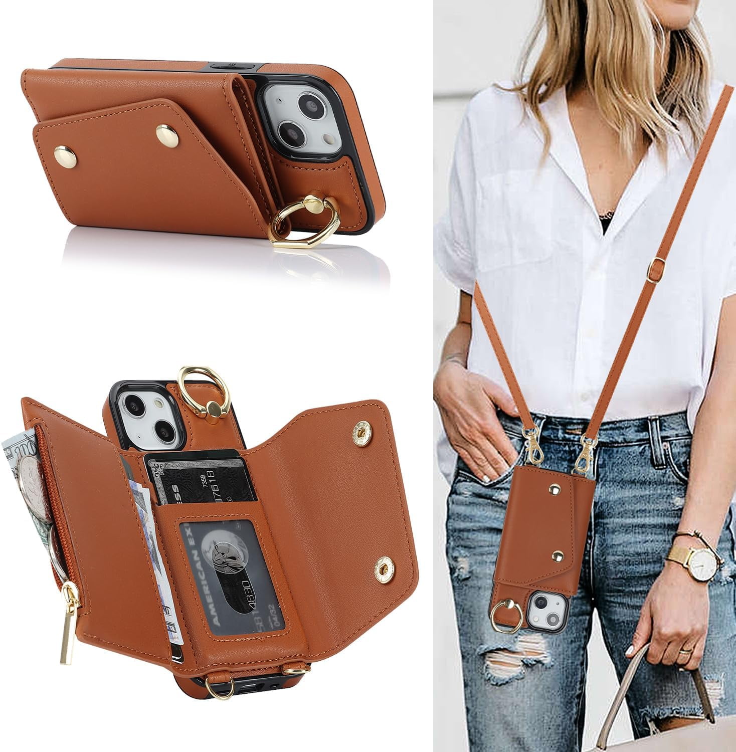 for iPhone 13 Case Wallet with Strap for Women,Crossbody Lanyard and ...