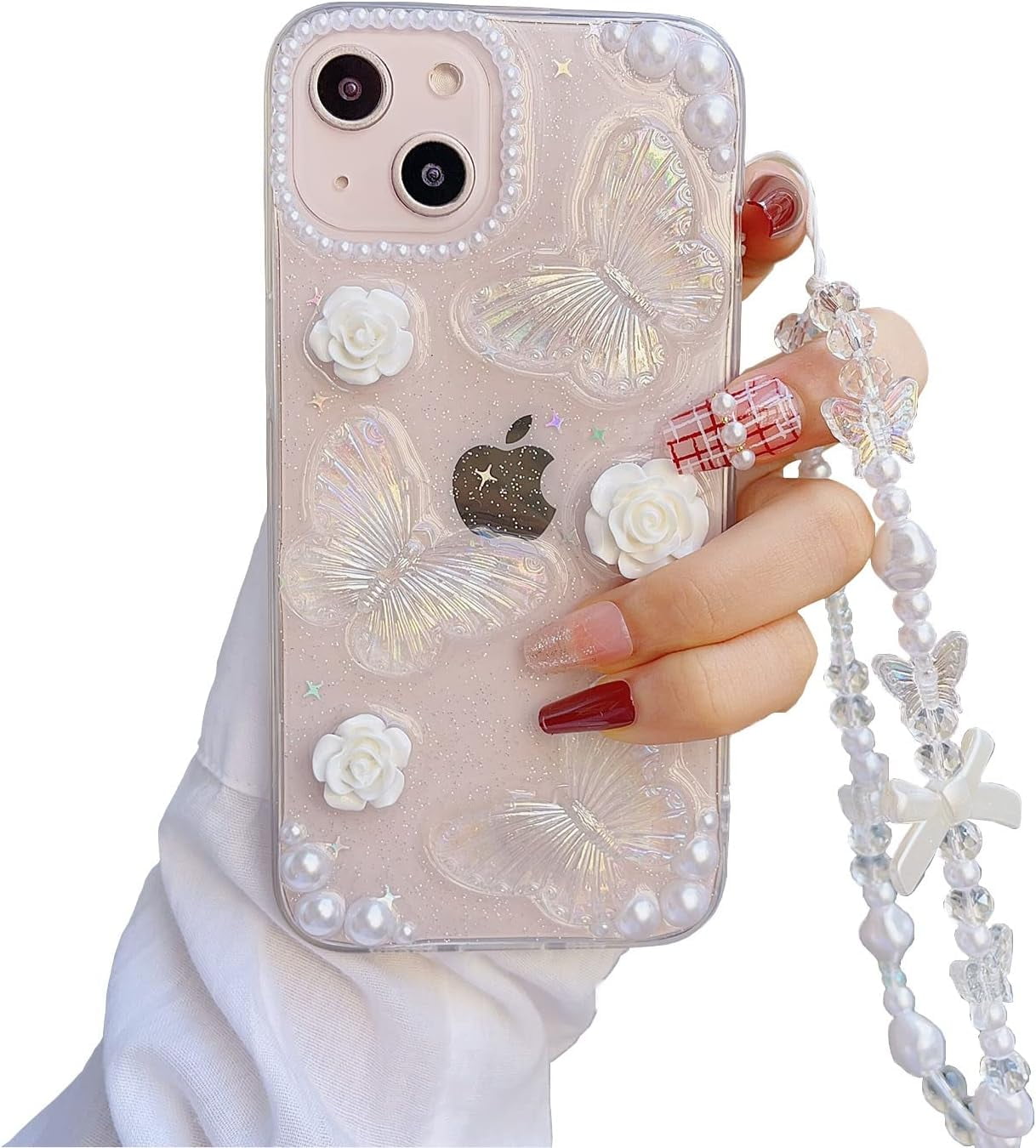 for iPhone 13 Mini Case with Charm Chain Butterfly Flower 3D Cute Phone ...