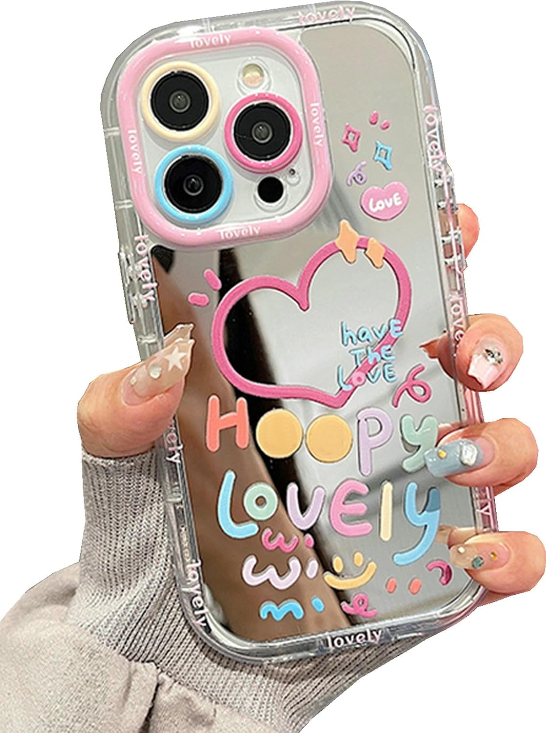 iPhone 13 Mirror Case,Lovely Cartoon Cute Women Girl Love Heart Mirror ...