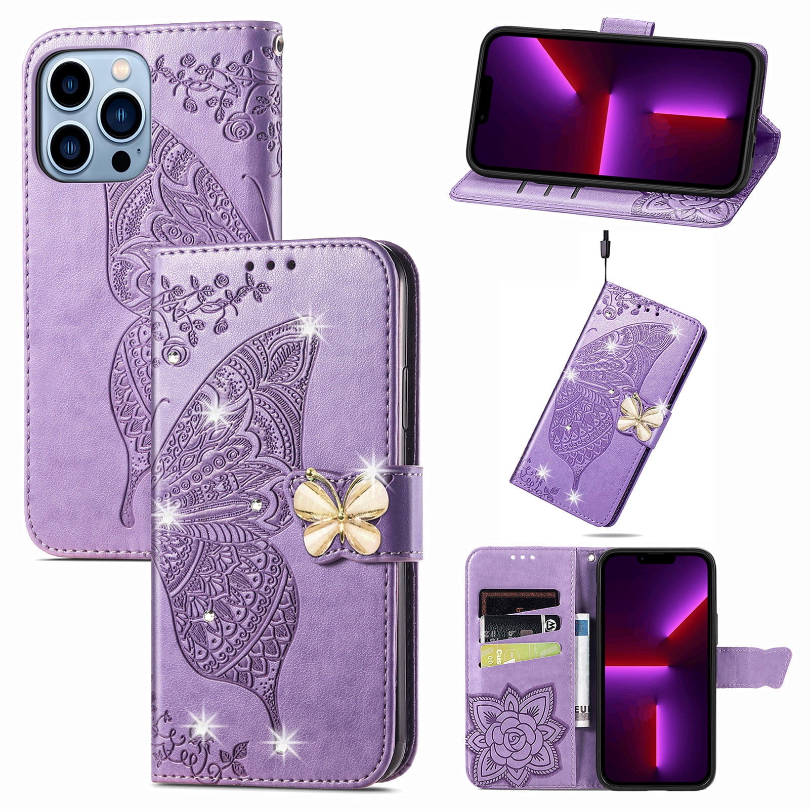 iPhone 13 Pro Case, Mantto Bling Diamond PU Leather Flip Wallet Case ...