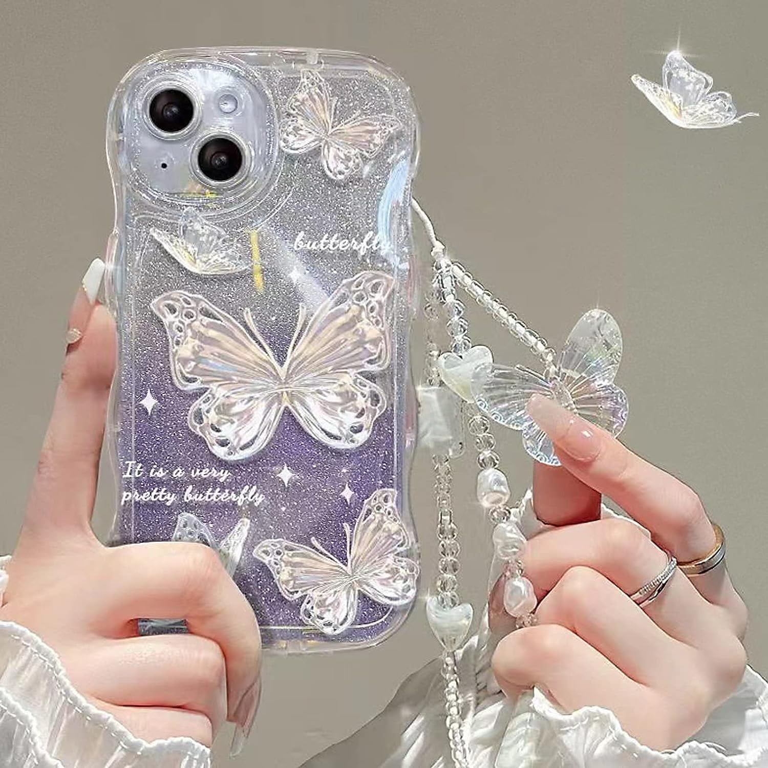 for iPhone 13 Pro Max Case Cute Glitter Butterfly with Lanyard Wrist Strap, Curly Wave Frame ...