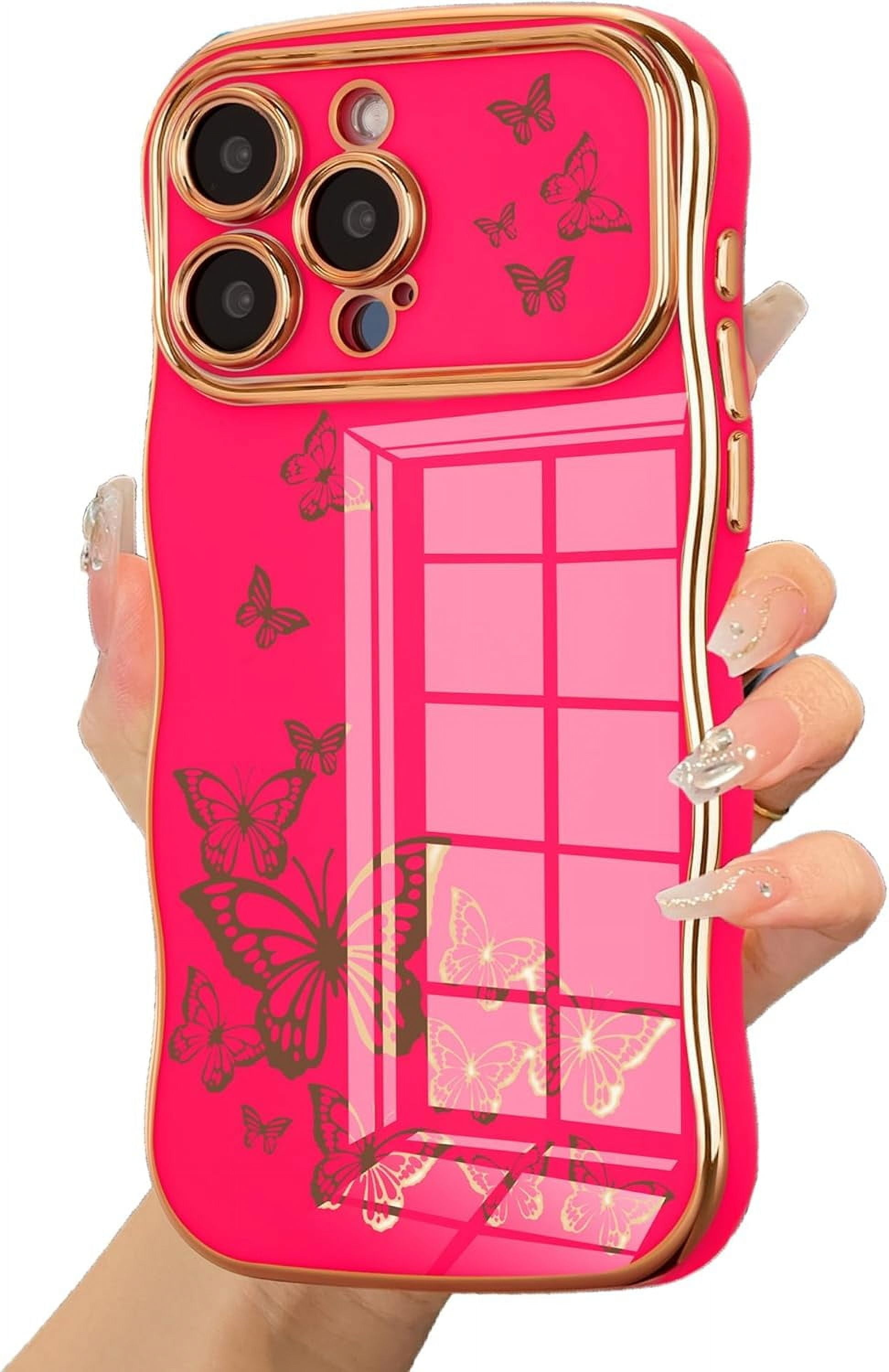for iPhone 13 Pro Max Case for Girl Women, Cute Curly Wave Frame with Luxury Plating Butterfly ...
