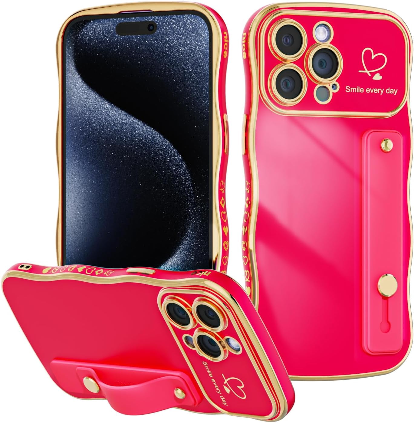 for iPhone 13 Pro Max Case with Strap,Luxury Cute Curly Wave Frame Love Heart Plating with ...