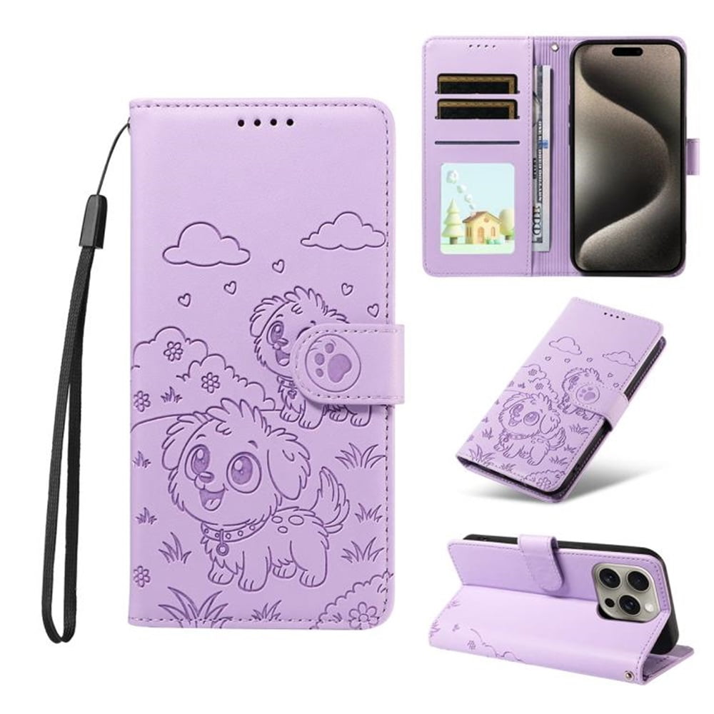 For iPhone 13 Pro Max Litter Dog Embossing Leather Phone Case with RFID ...