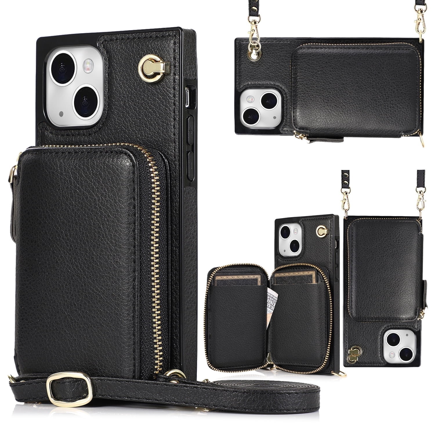 iPhone 13 Pro Max Wallet Case with Crossbody Strap, Zipper Pocket Purse ...