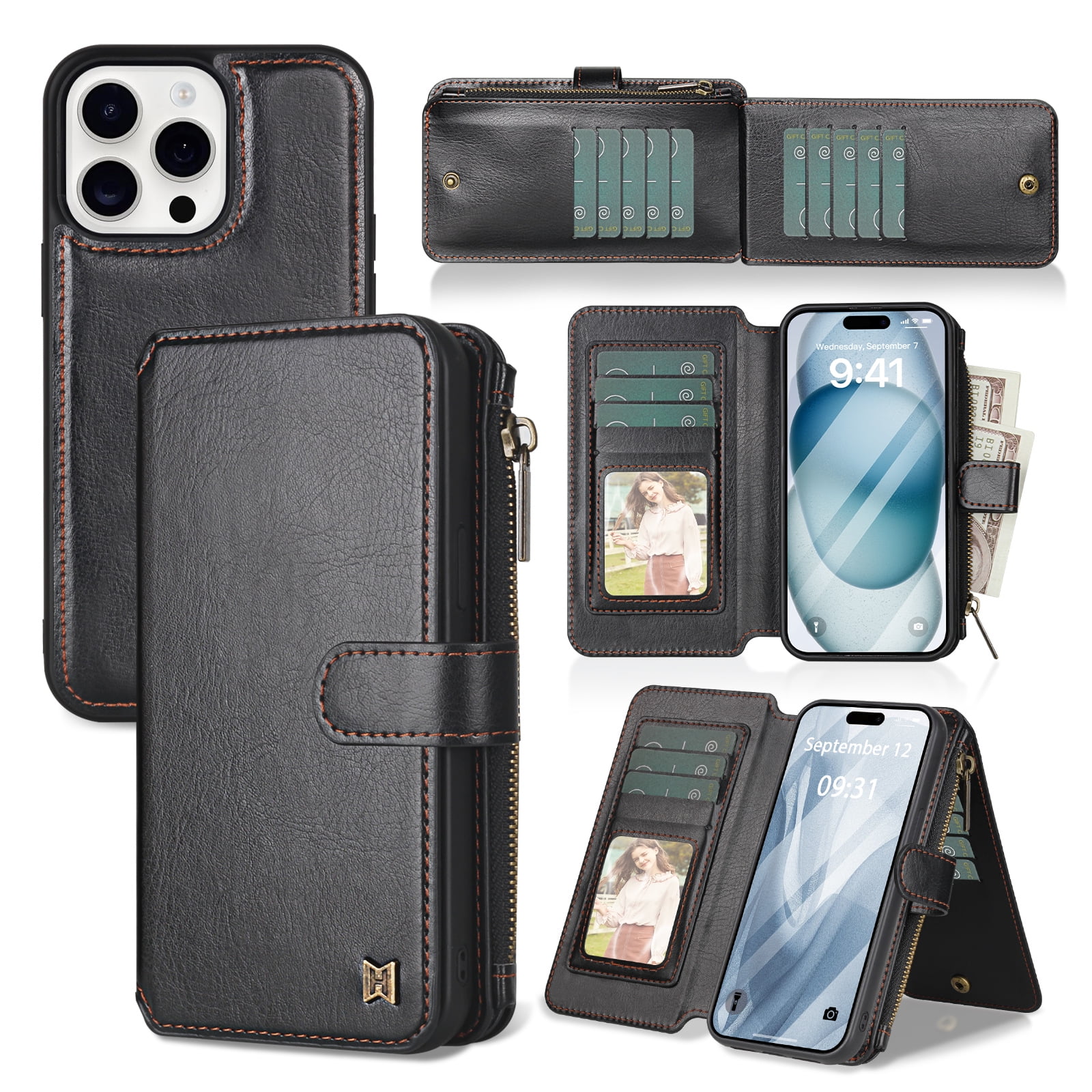 for iPhone 13 Pro PU Leather 2 In 1 Wallet Case, Kickstand Zipper ...