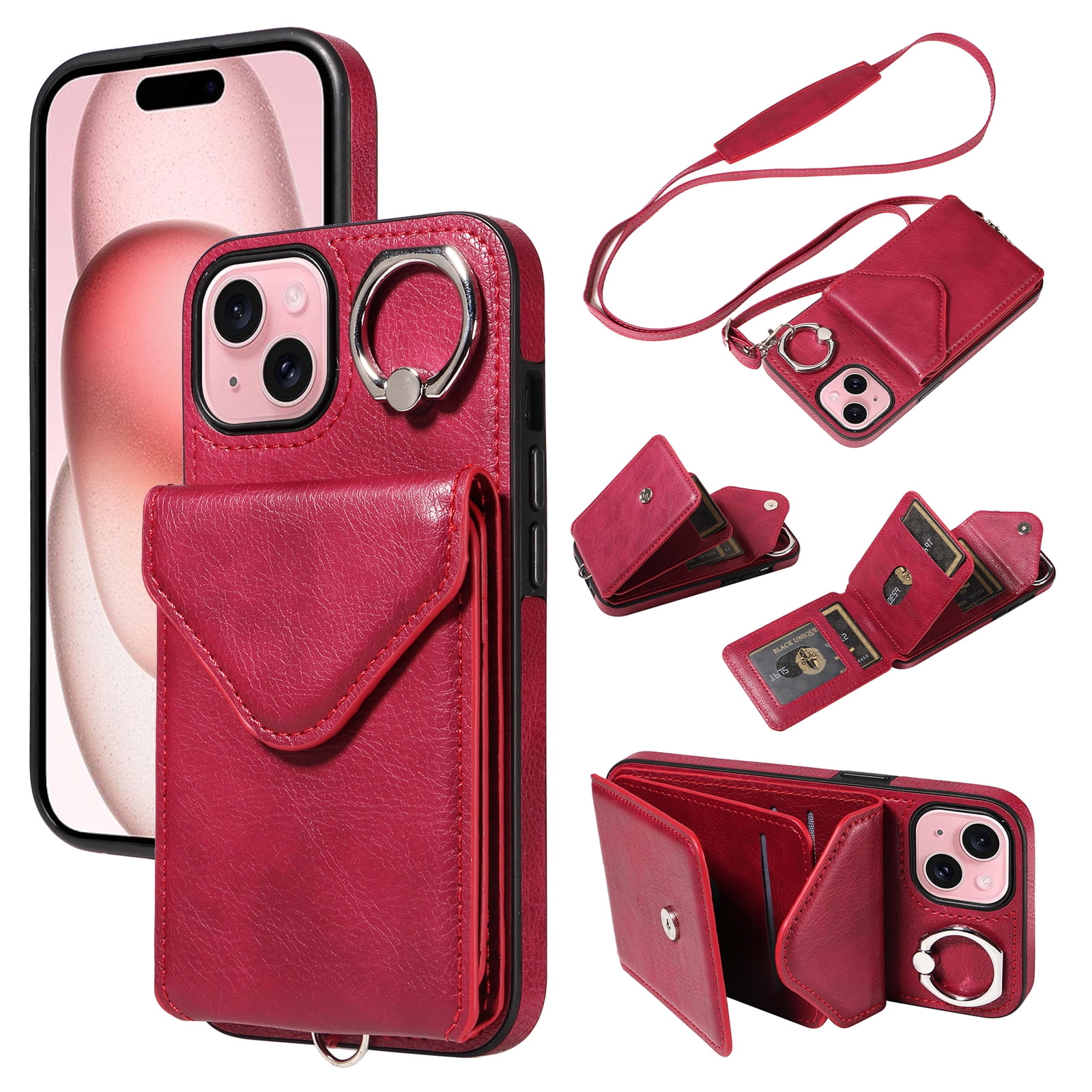 for iPhone 13 Wallet Cover, with Card Holder + Lanyard + Crossbody ...