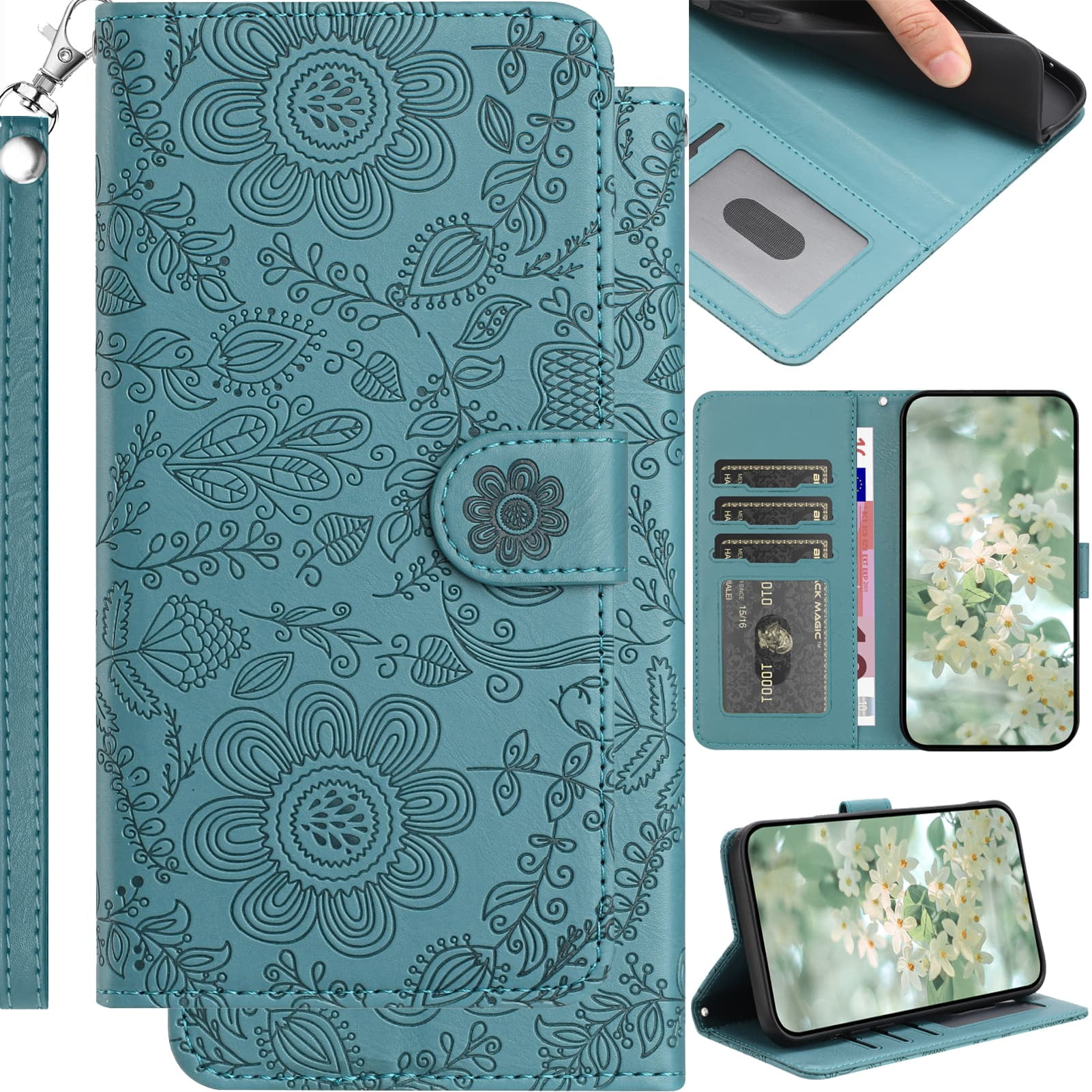 for iPhone 13 mini Leather Phone Case, Embossed Cartoon Flower Leaf ...