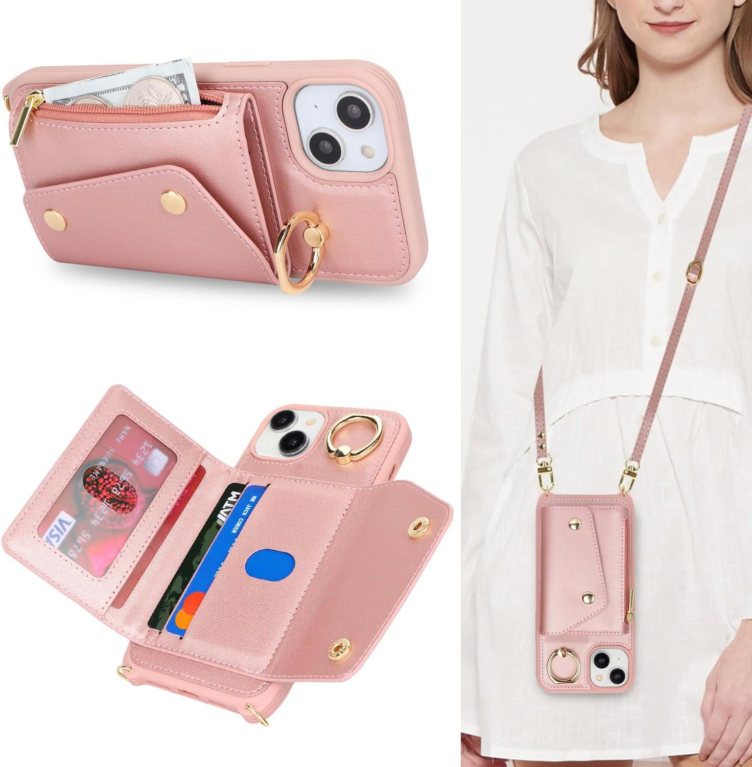 for iPhone 14 Case with Card Holder and Strap - Zipper Pocket,Crossbody ...