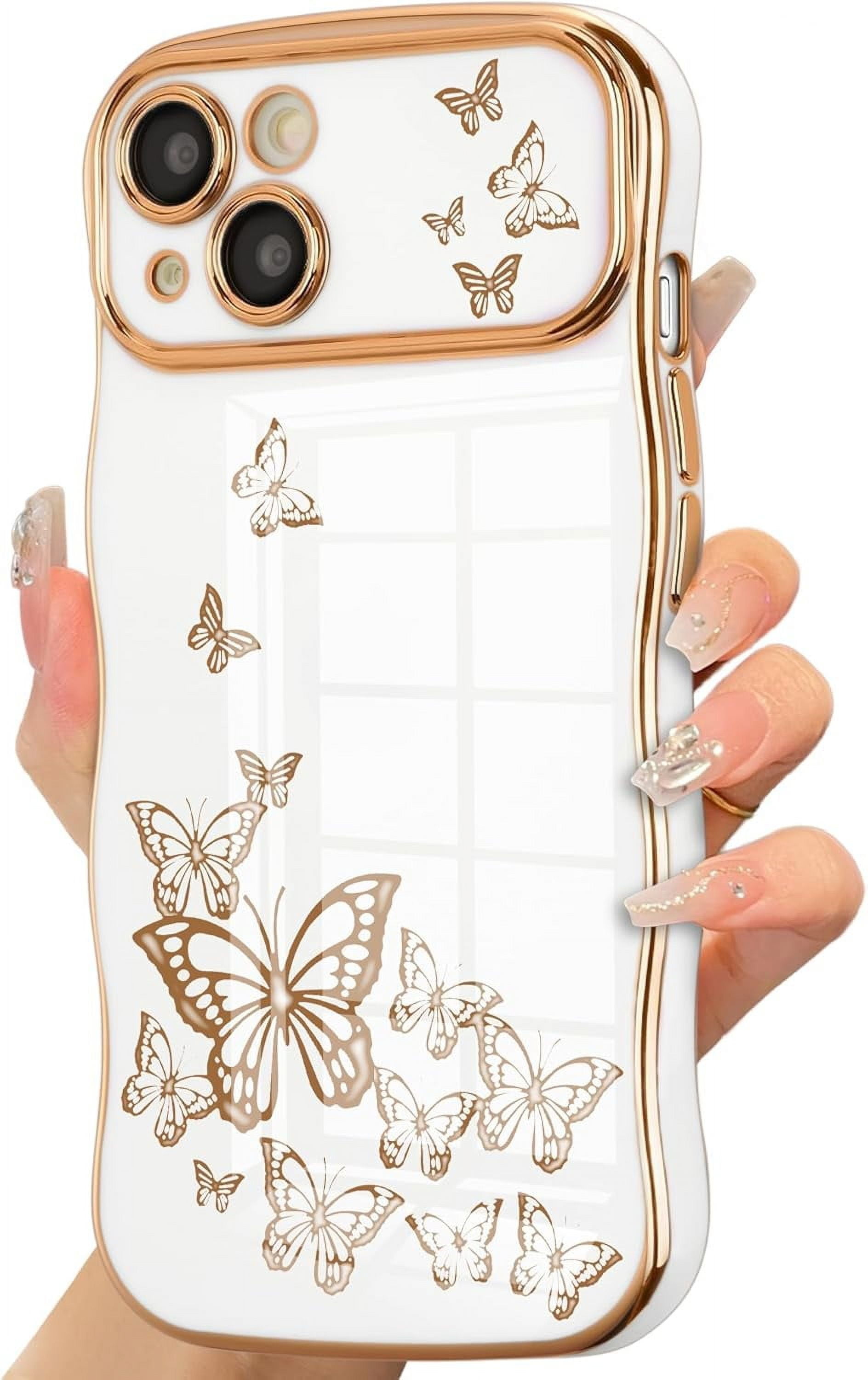 for iPhone 14 Case for Girl Women, Cute Curly Wave Frame with Luxury Plating Butterfly Pattern ...