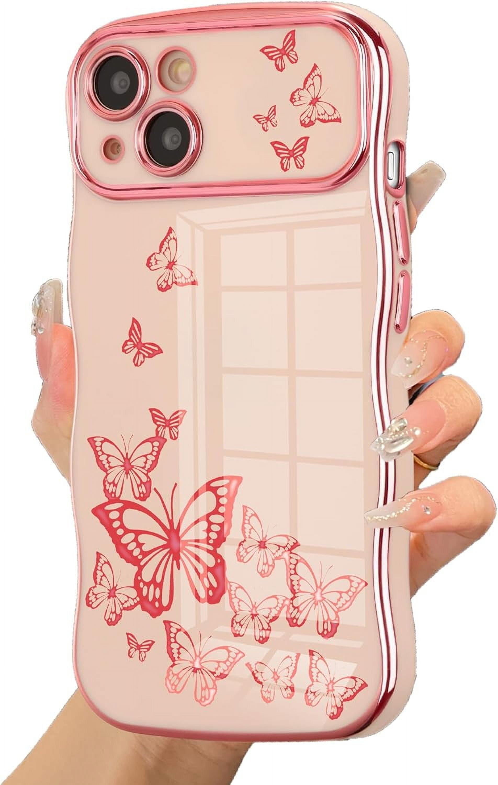for iPhone 14 Case for Girl Women, Cute Curly Wave Frame with Luxury Plating Butterfly Pattern ...