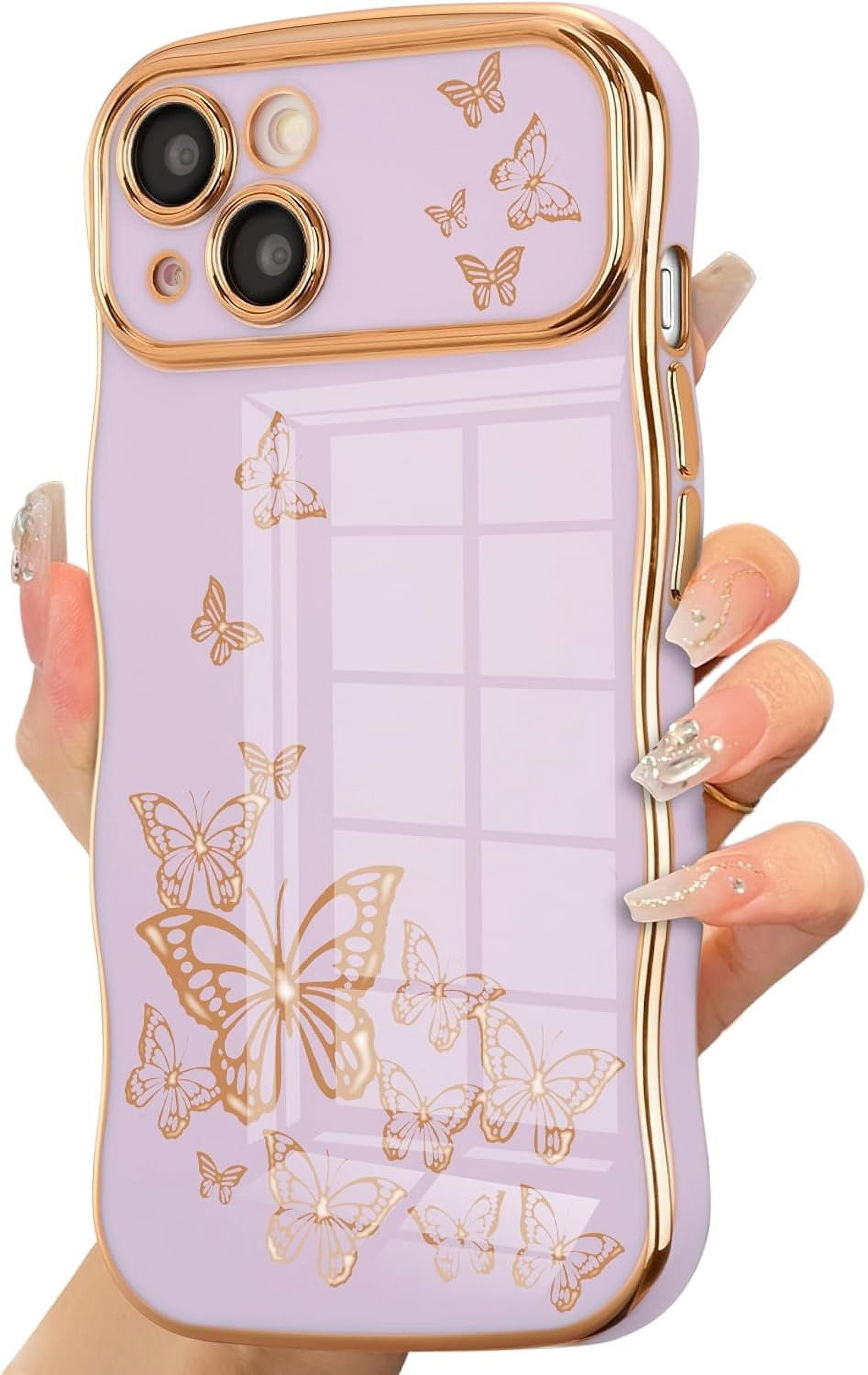for iPhone 14 Case for Girl Women, Cute Curly Wave Frame with Luxury Plating Butterfly Pattern ...