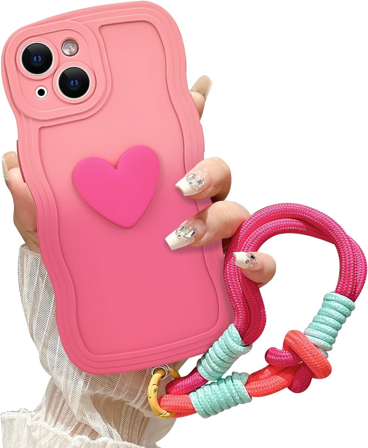 for iPhone 14 Gradient Wavy Case with Wrist Strap Lanyard Cute Love Heart Curly Wave Frame ...