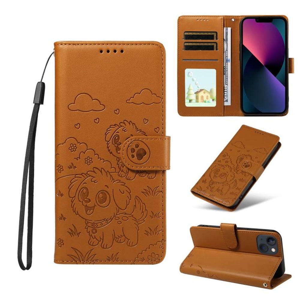 For iPhone 14 Plus Litter Dog Embossing Leather Phone Case with RFID ...