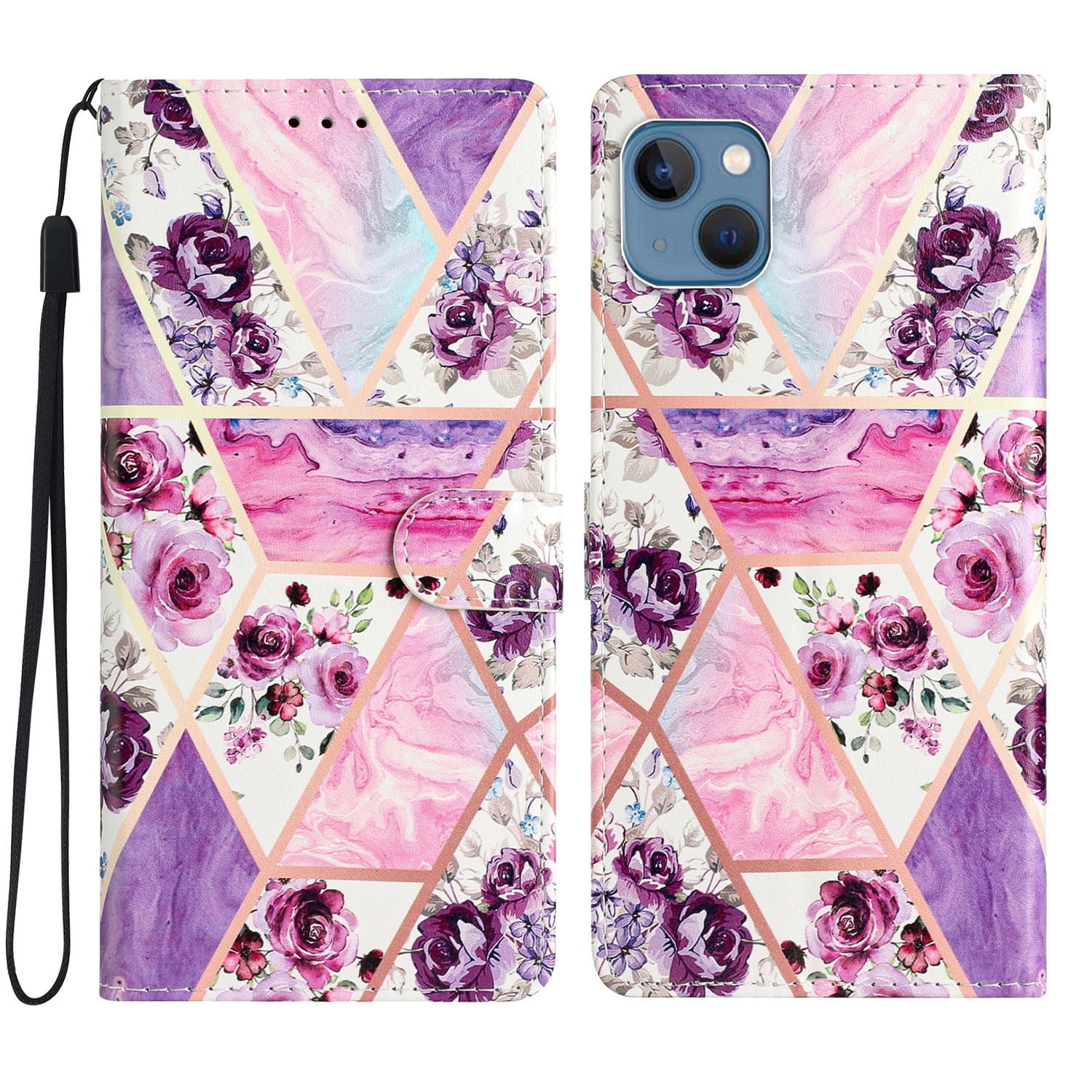 for iPhone 14 Plus Marble Flower Pattern Wallet Case, with Card Slots ...
