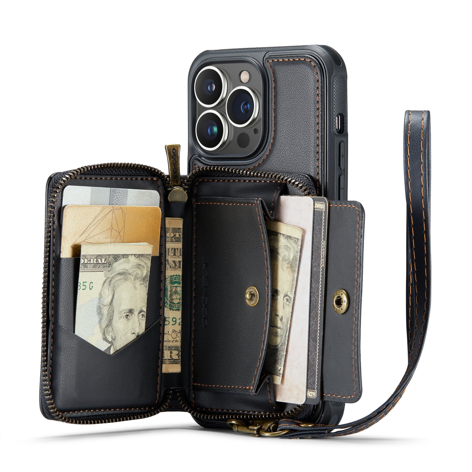 iPhone 14 Plus Wallet Case with Strap, Magnetic Back Zipper Case with ...