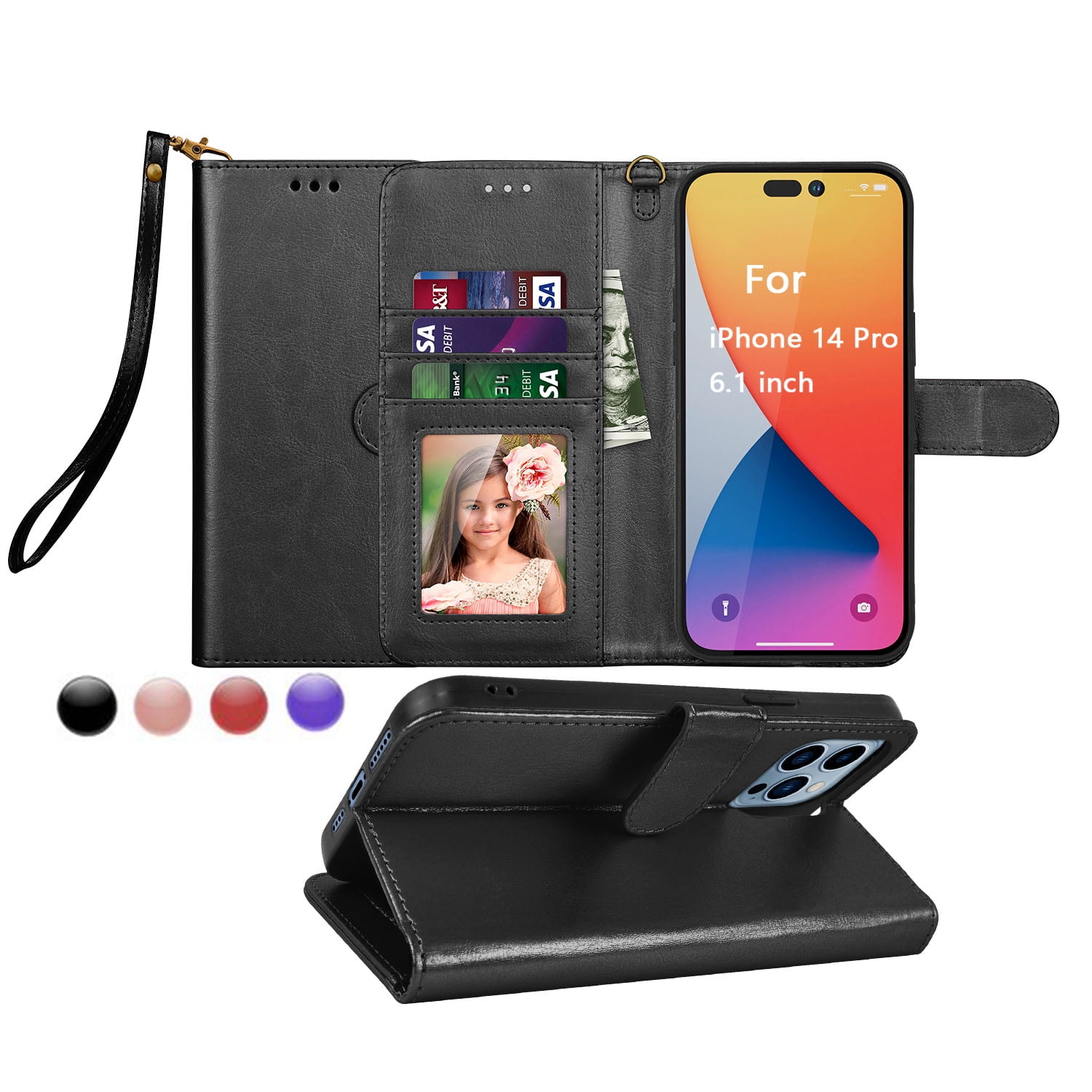 EBIZCITY iPhone 14 Pro Case, PU Leather Wallet with Magnetic Closure ...