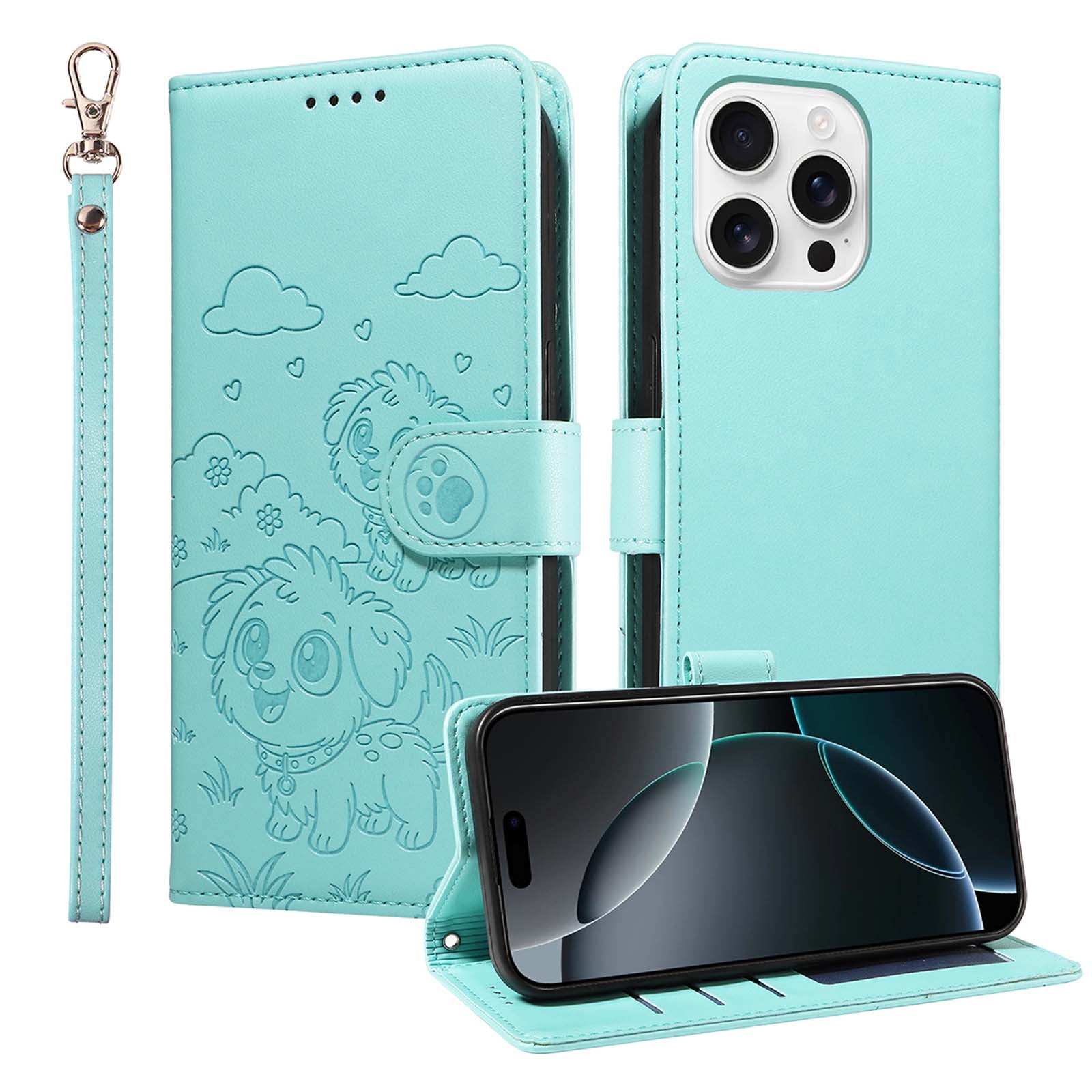For iPhone 14 Pro Flip Phone Case,Dogs Embossed Design,With Wrist Strap ...